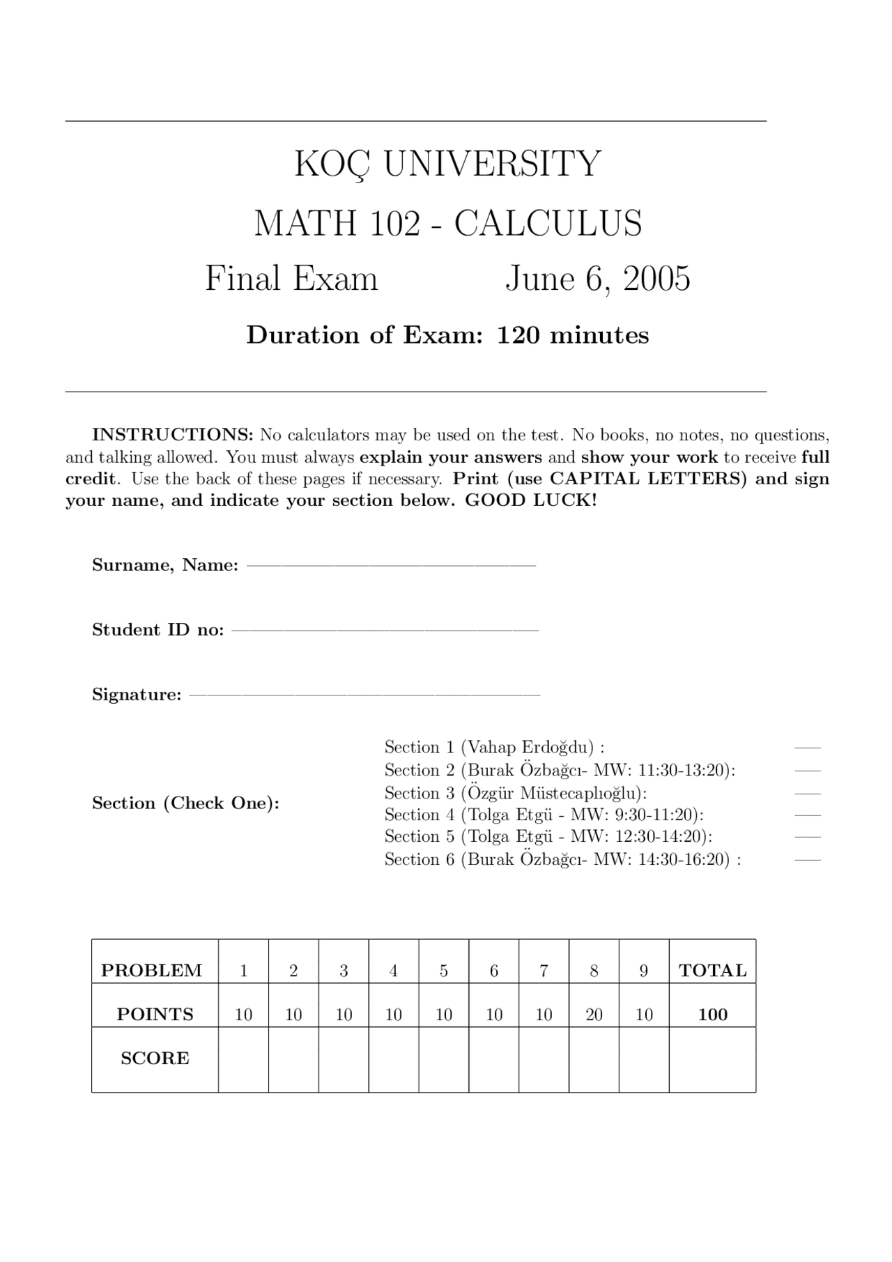 Continuous Calculus Exam Exams Calculus Docsity