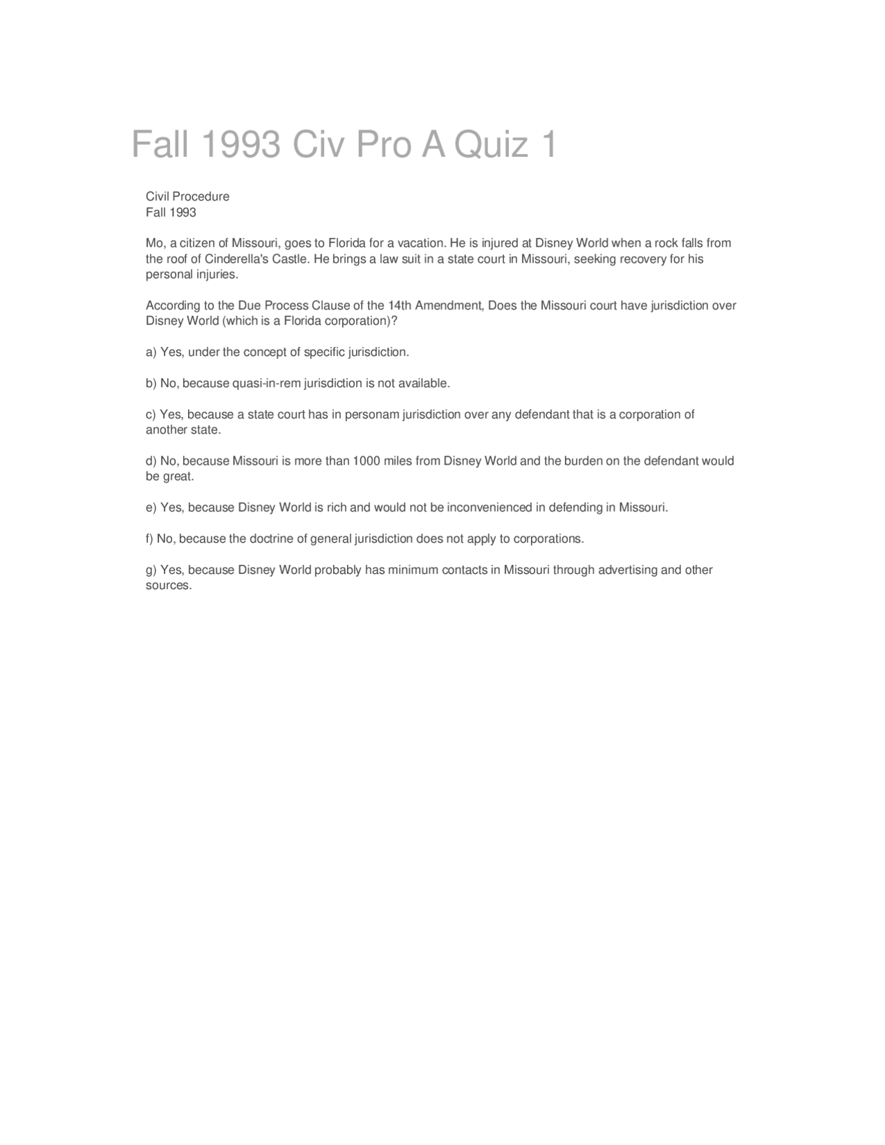 Concept Of Specific Jurisdiction Civil Procedure Quiz Docsity