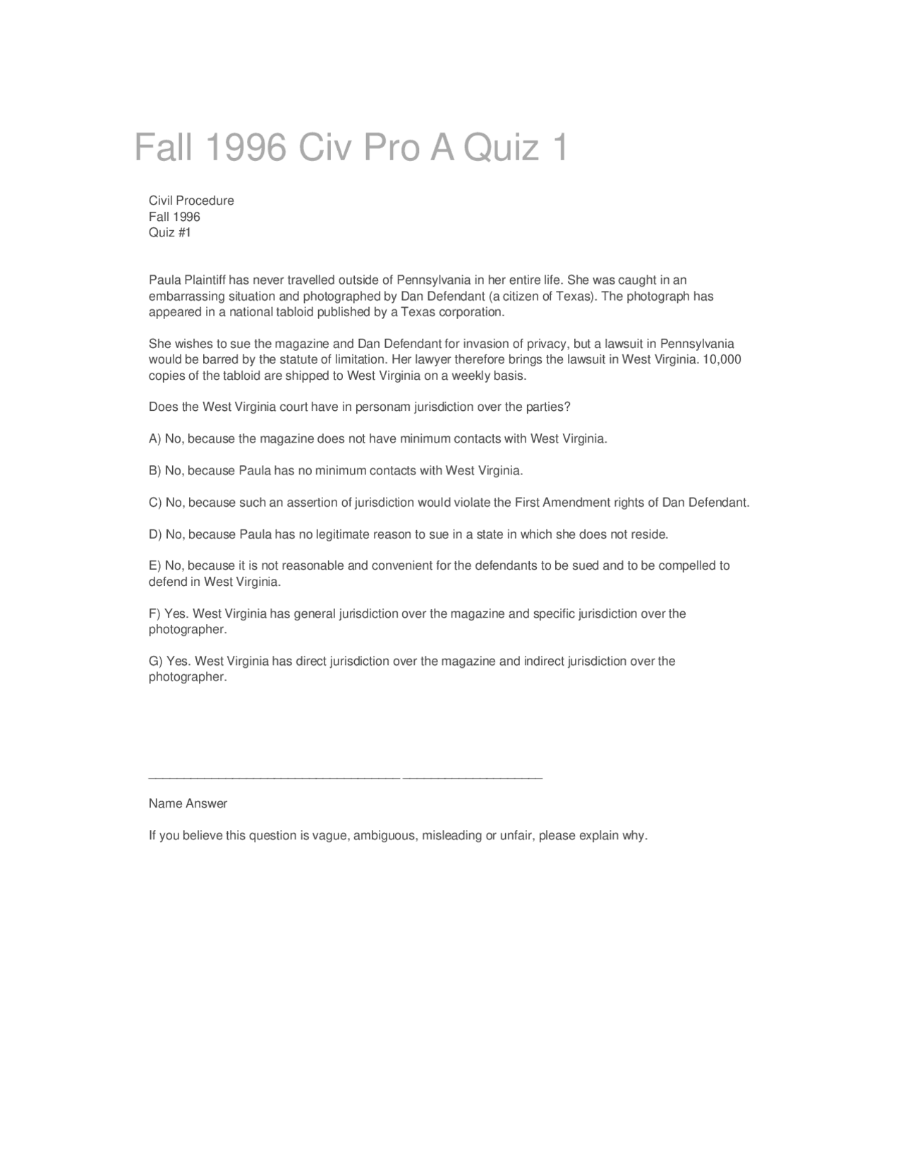 Assertion Of Jurisdiction Civil Procedure Quiz Docsity