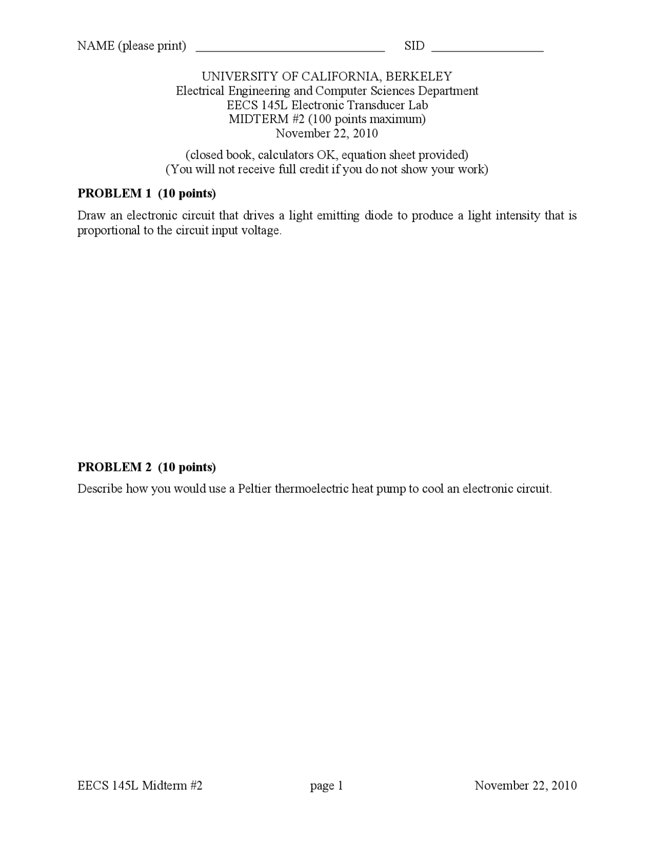 EECS 145L Midterm 2: Electronic Transducer Lab | Exams Electronics | Docsity