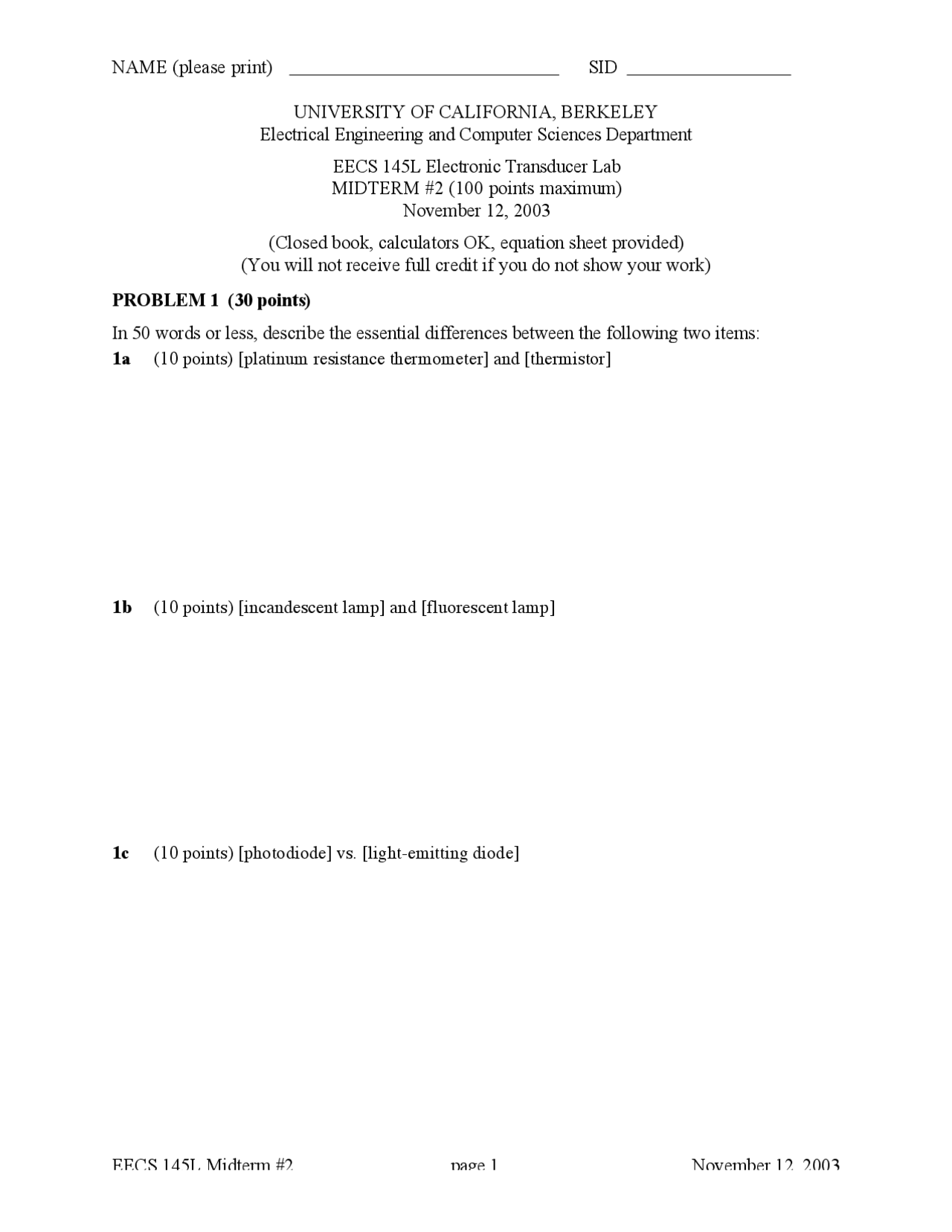 Resistance Thermometer Intro Electronic Transducer Lab Exam Docsity