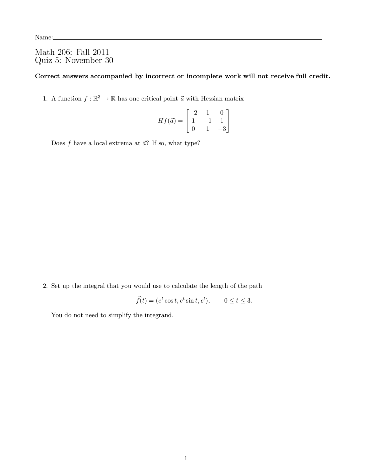 Function Multivariable Quiz Docsity