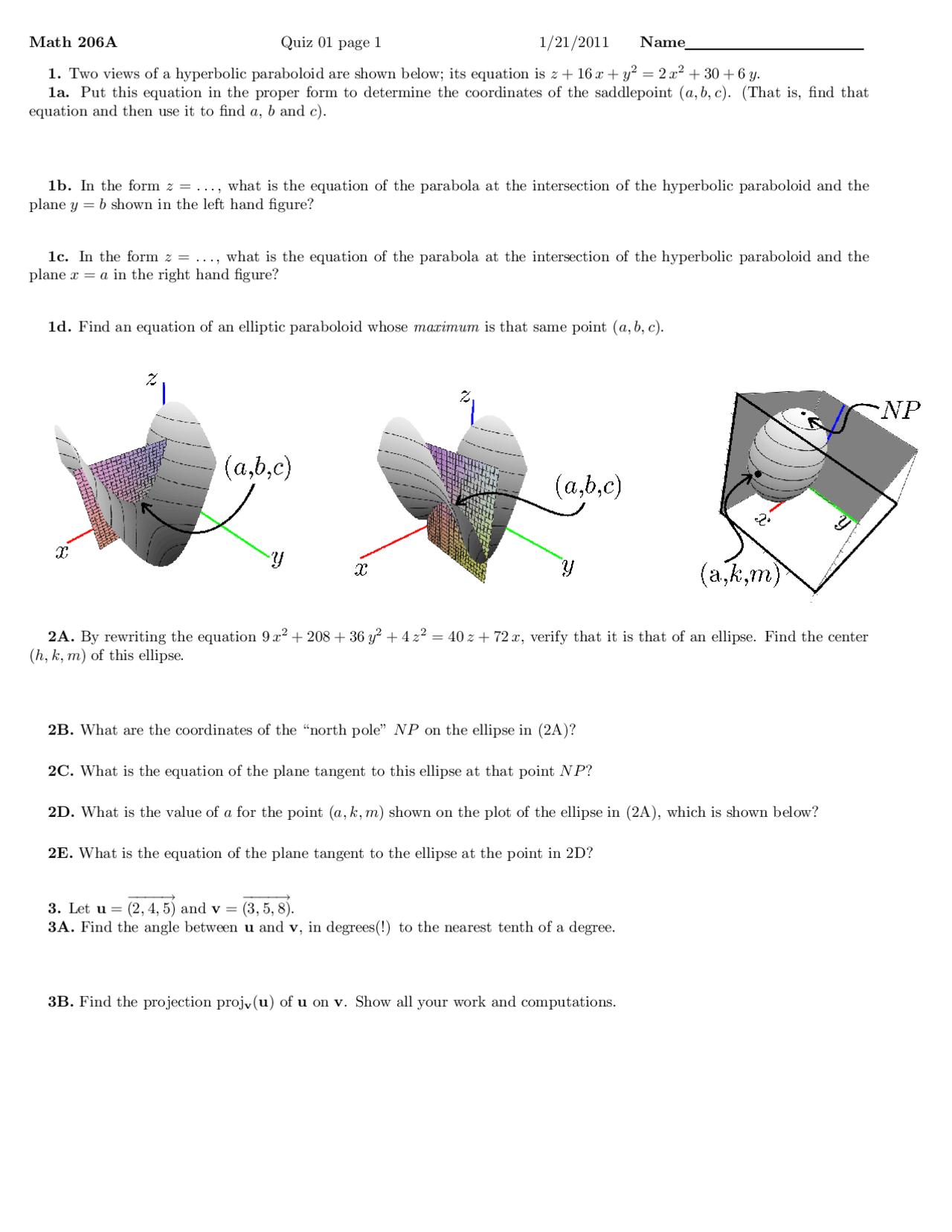 Hyperbolic Paraboloid Multivariable Quiz Docsity