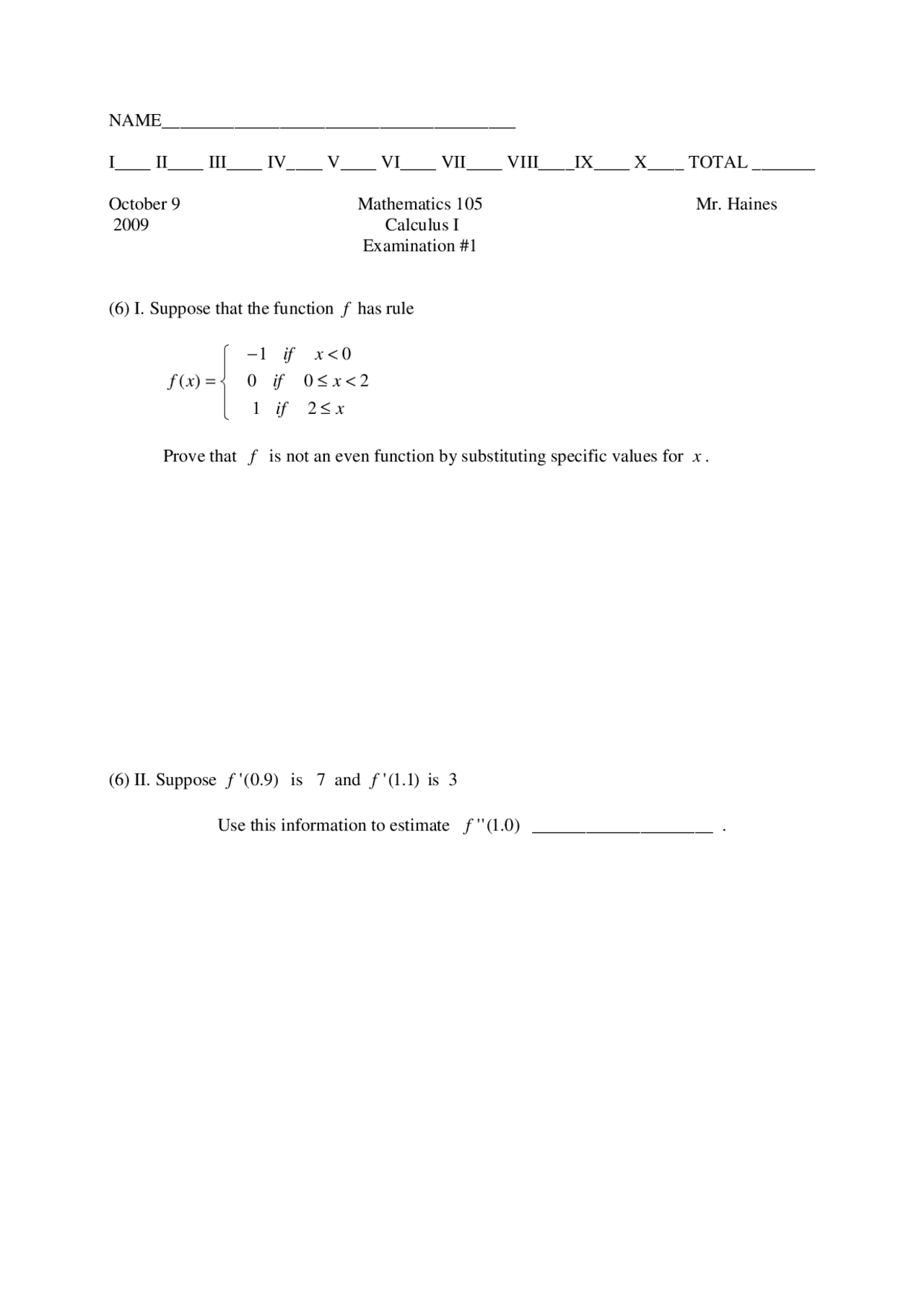Specific Values Multivariable Exam Docsity