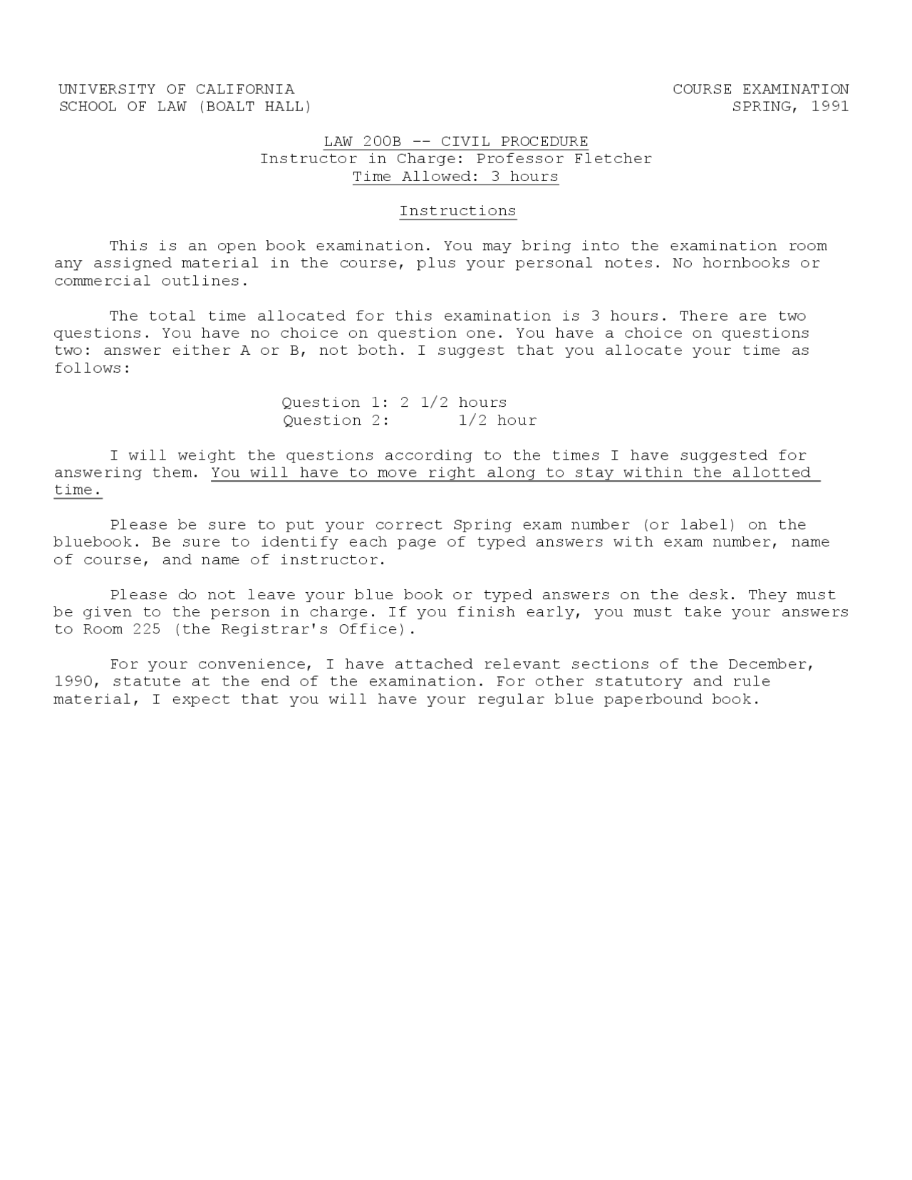Safe Carriage Civil Procedure Past Paper Docsity