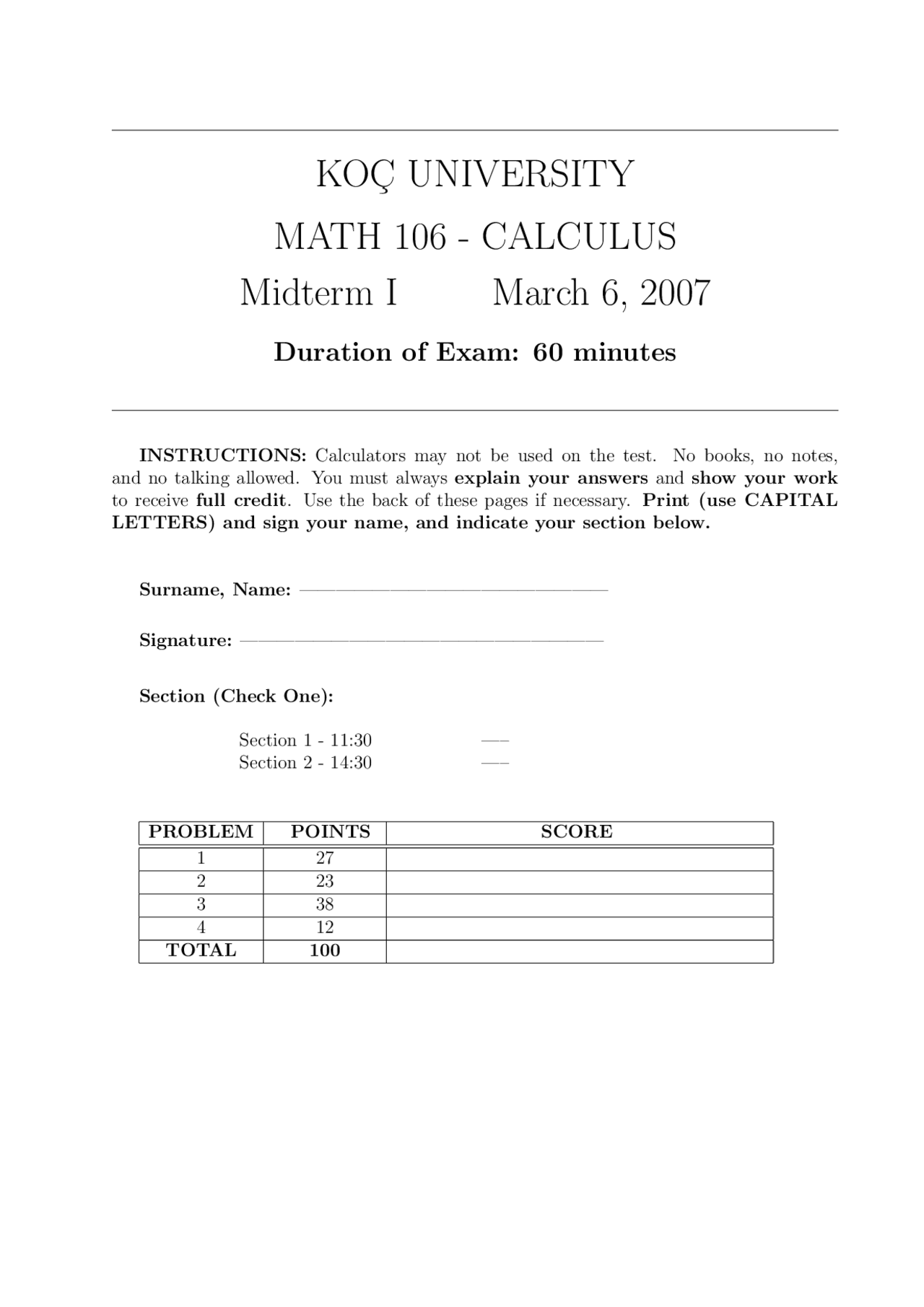 Horizontal Calculus One Exam Docsity