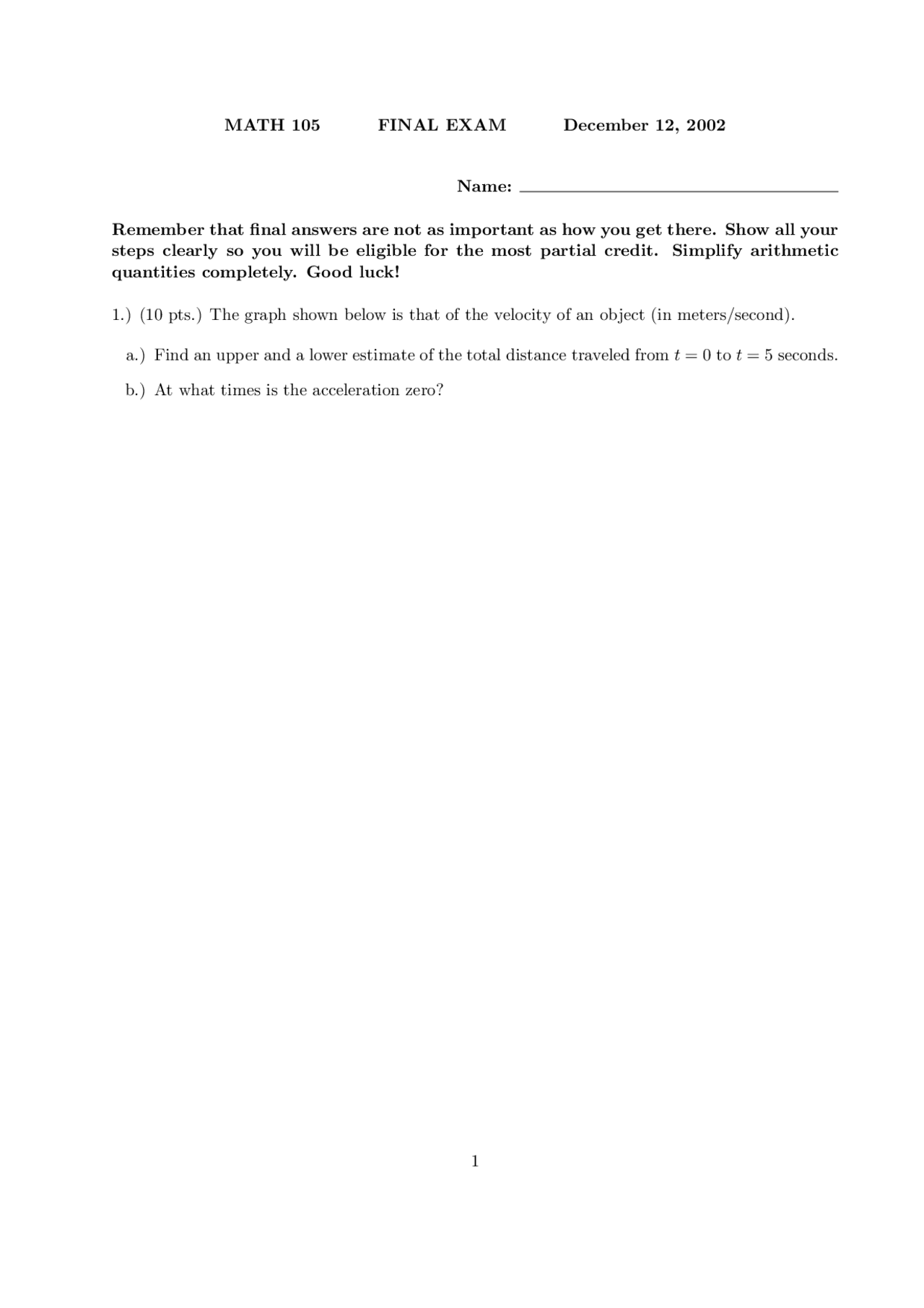 Lower Estimate Multivariable Exam Docsity