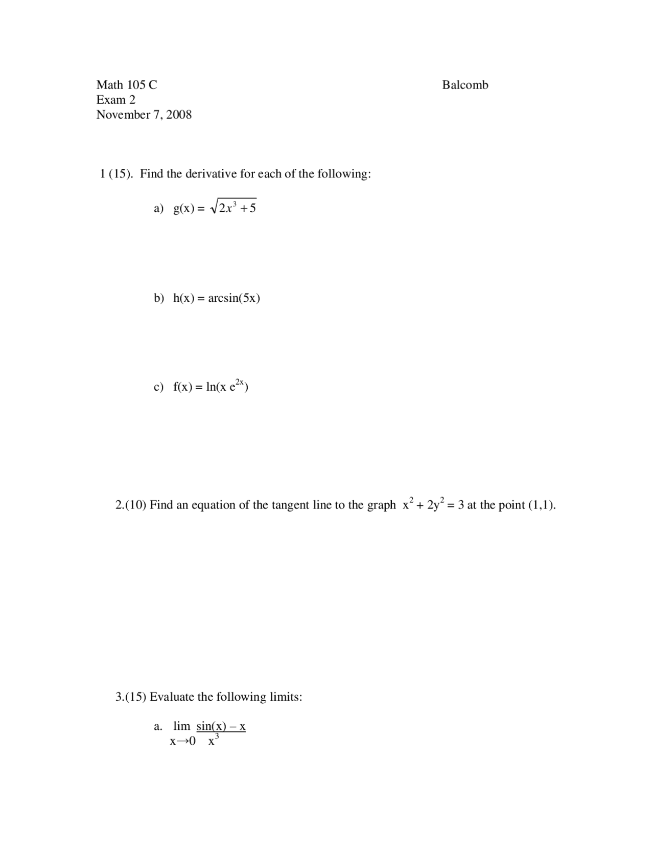 Tangent Line Multivariable Exam Docsity