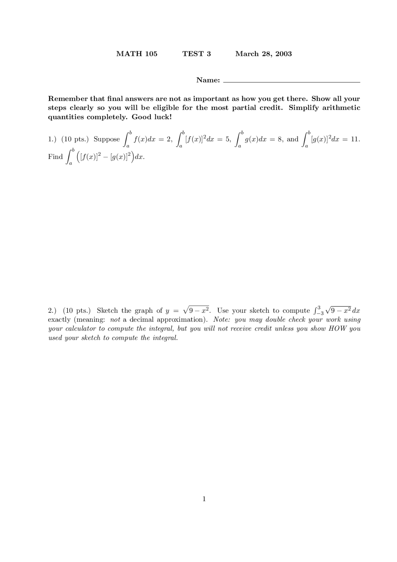 Graph Multivariable Exam Docsity