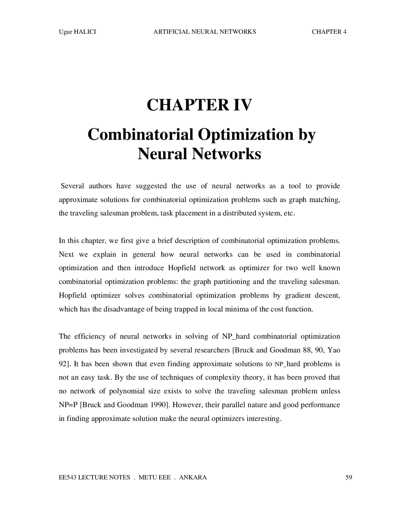 Combinatorial Optimization Artificial Neural Networks Lecture Notes