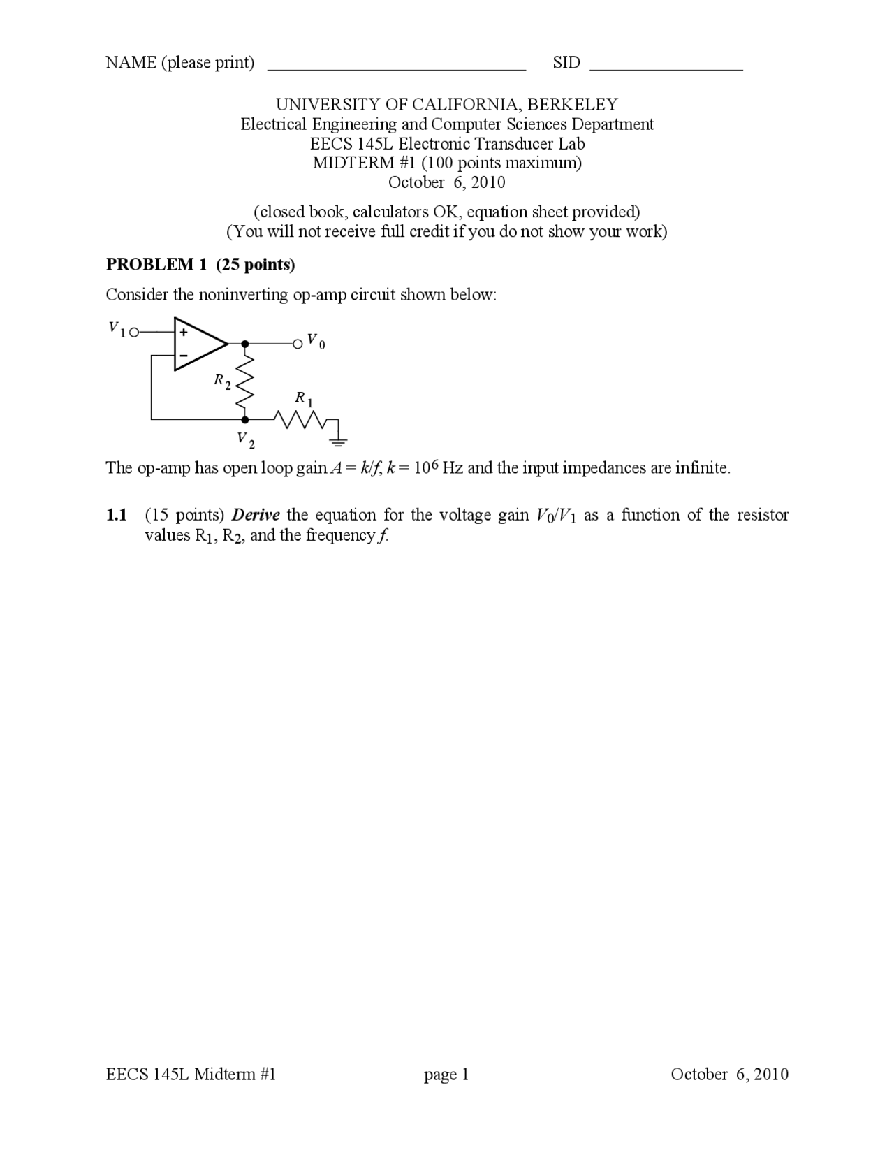 Noninverting Circuit Intro Electronic Transducer Lab Exam Docsity