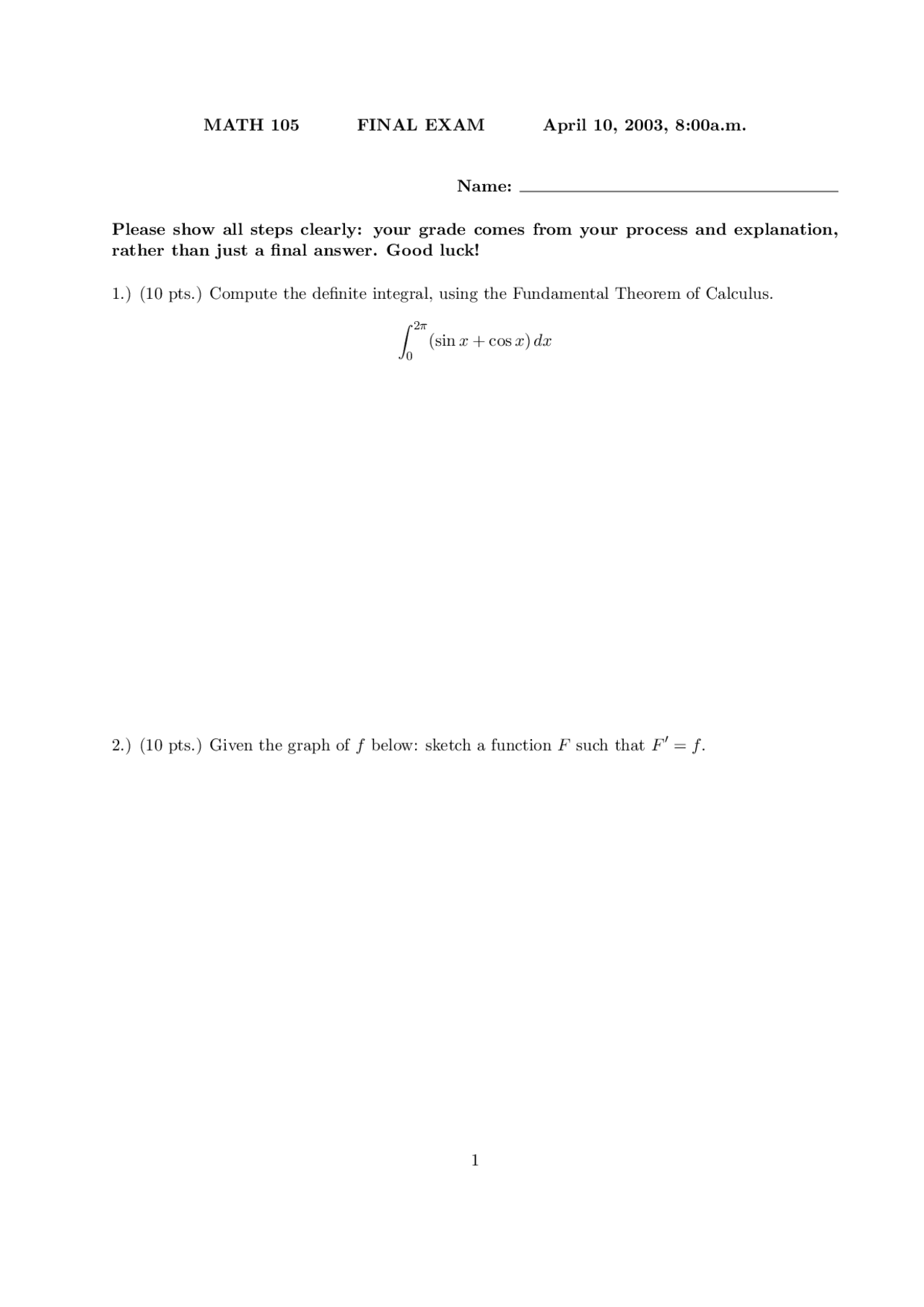 Fundamental Theorem Multivariable Exam Docsity