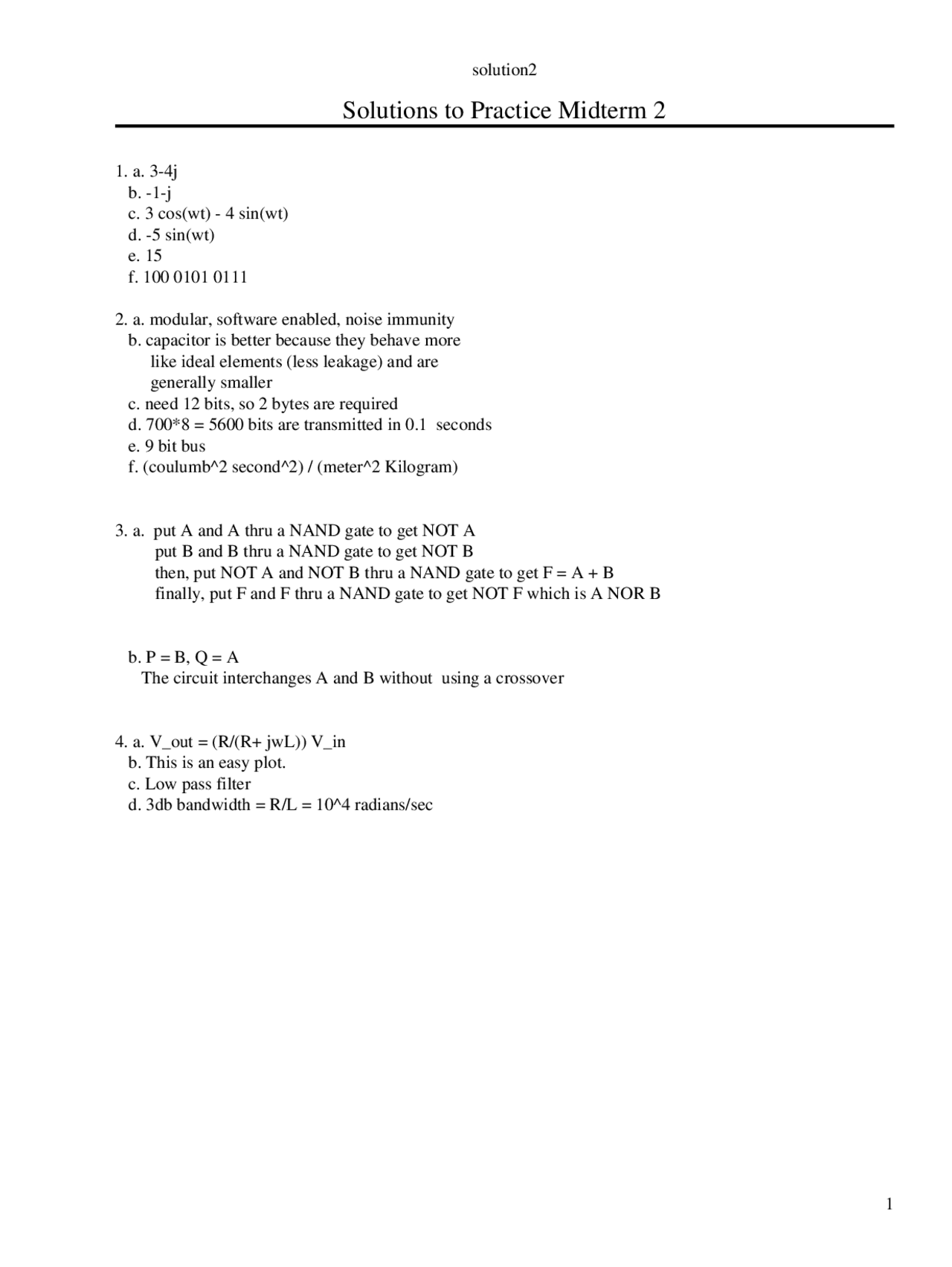 Solutions to Electrical Engineering Midterm 2 | Exams Electronics engineering | Docsity
