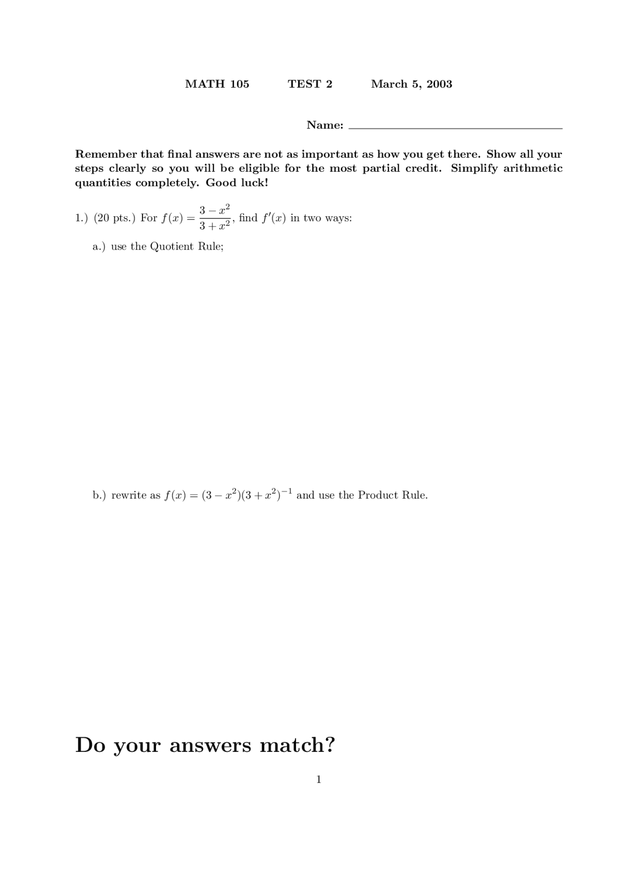 Product Rule Multivariable Exam Docsity