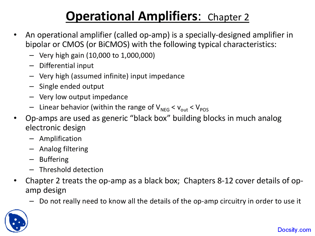Operational Amplifiers Analog Electronics Lecture Slides Docsity