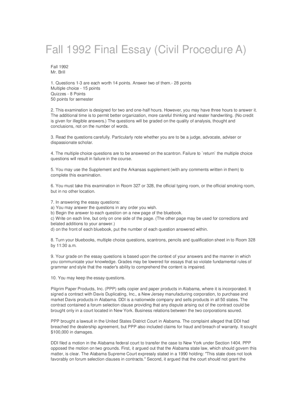 Alabama State Law - Civil Procedure - Past Paper - Docsity