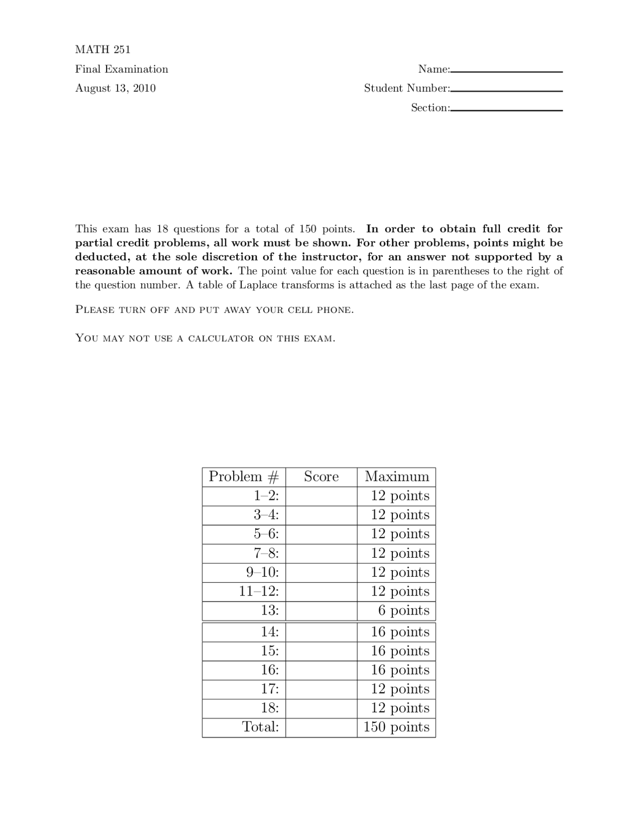 Possible Values - Ordinary and Partial Differential Equations - Exam - Docsity