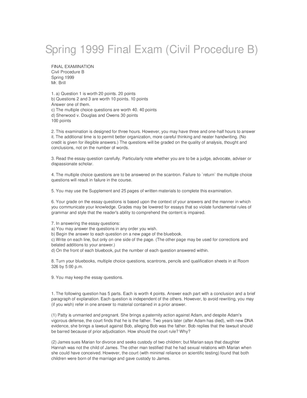 Paternity Action - Civil Procedure - Past Paper - Docsity