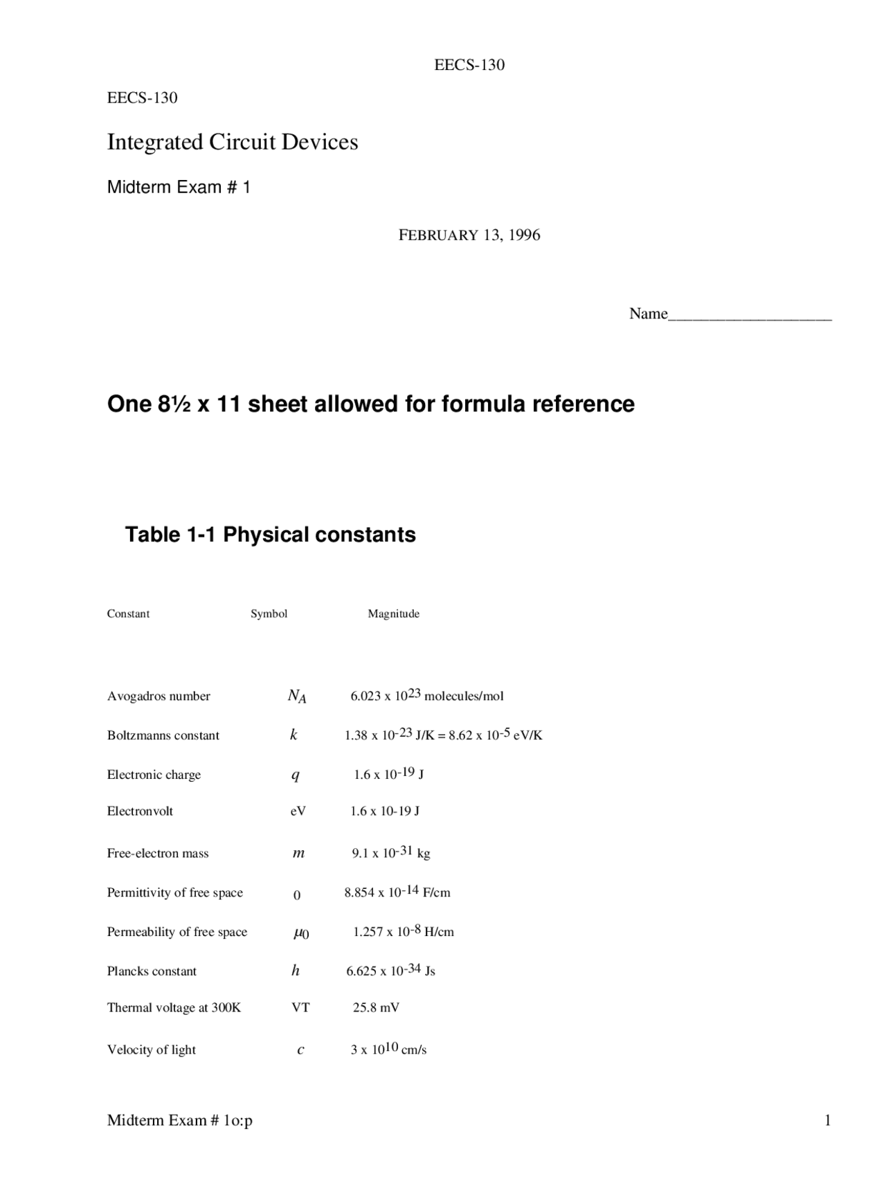 Physical Constants Integrated Circuit Devices Exam Docsity
