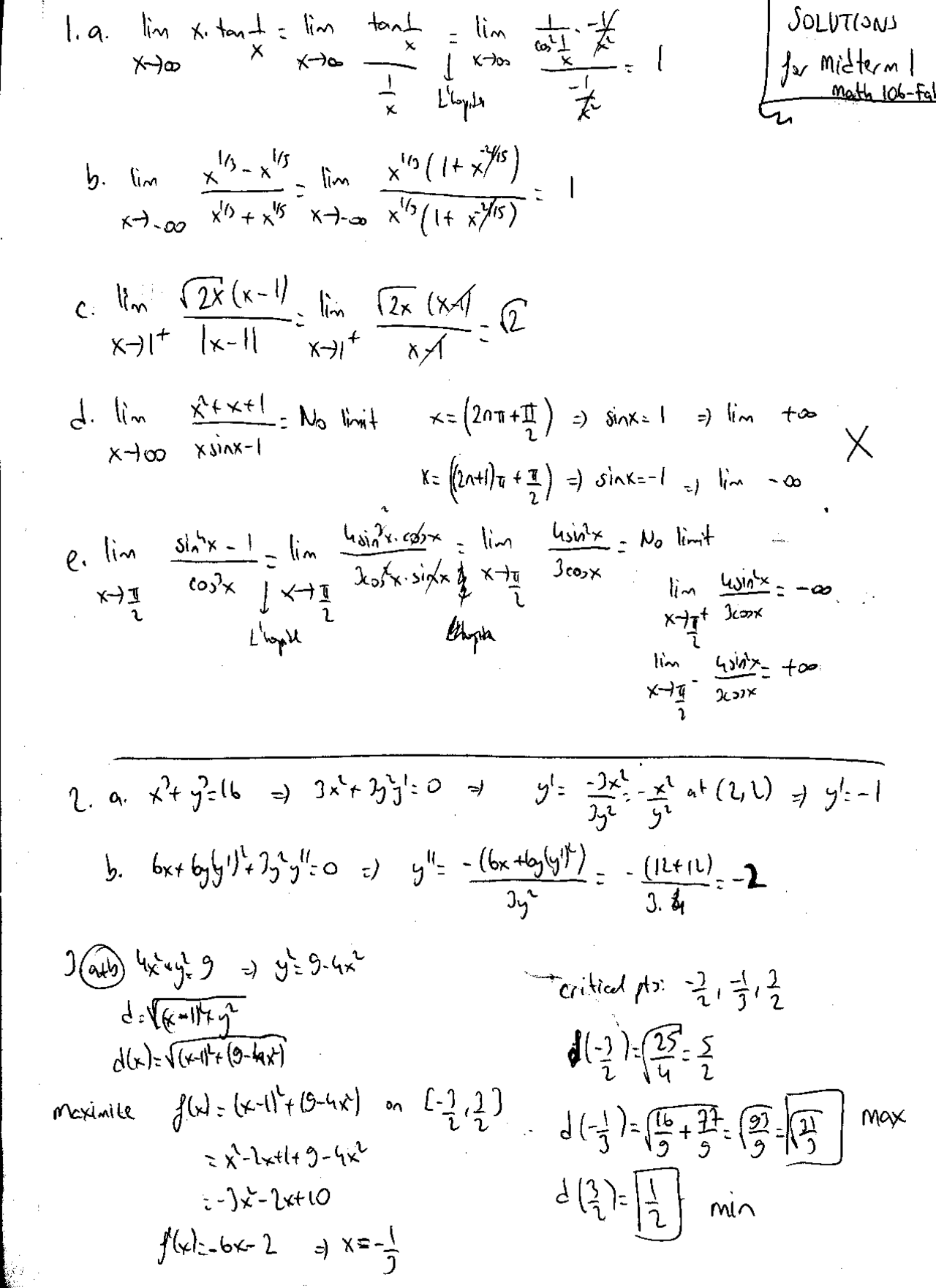 Sandwich Theorem - Calculus One - Solved Exam - Docsity