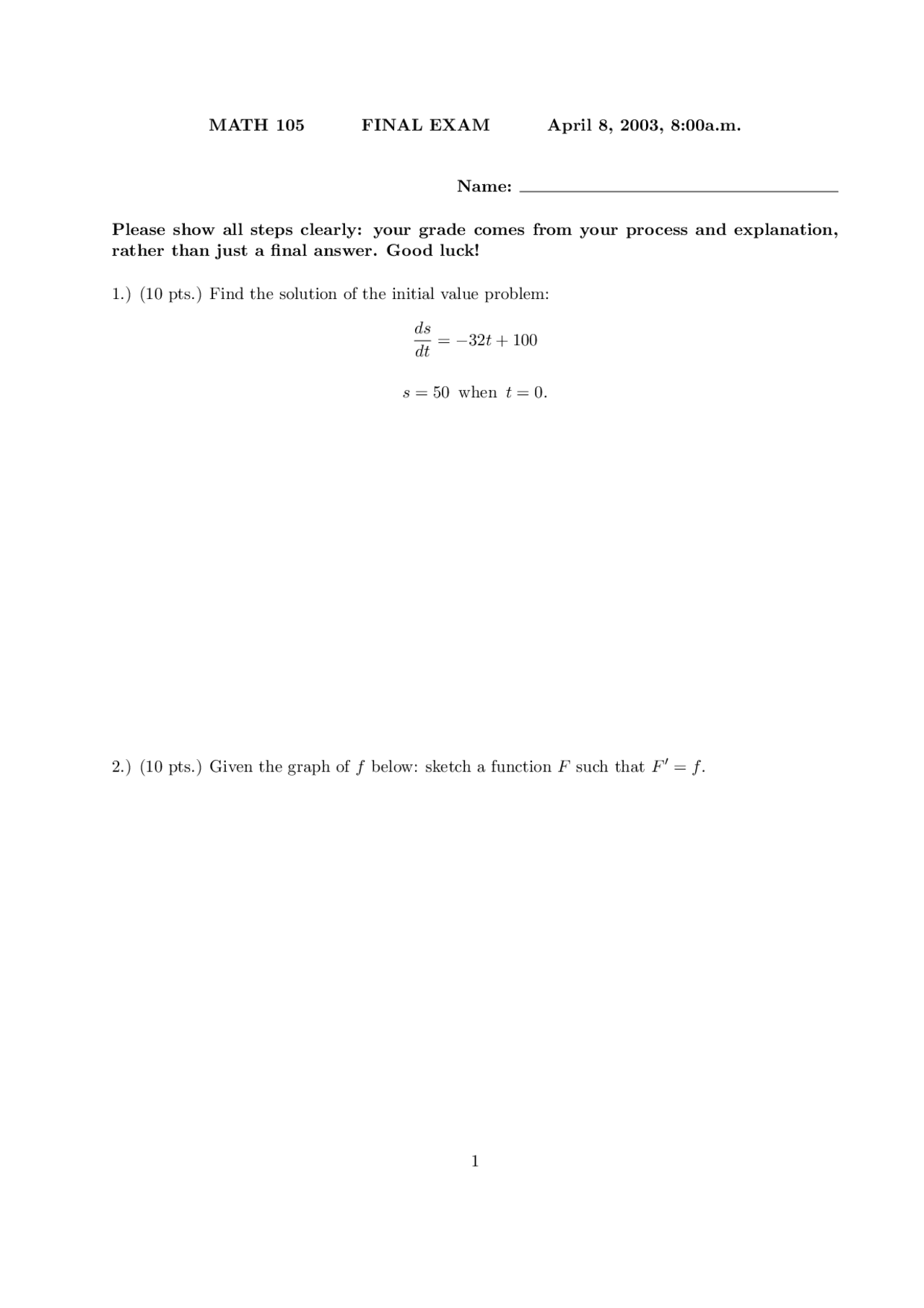 Initial Value - Multivariable - Exam - Docsity