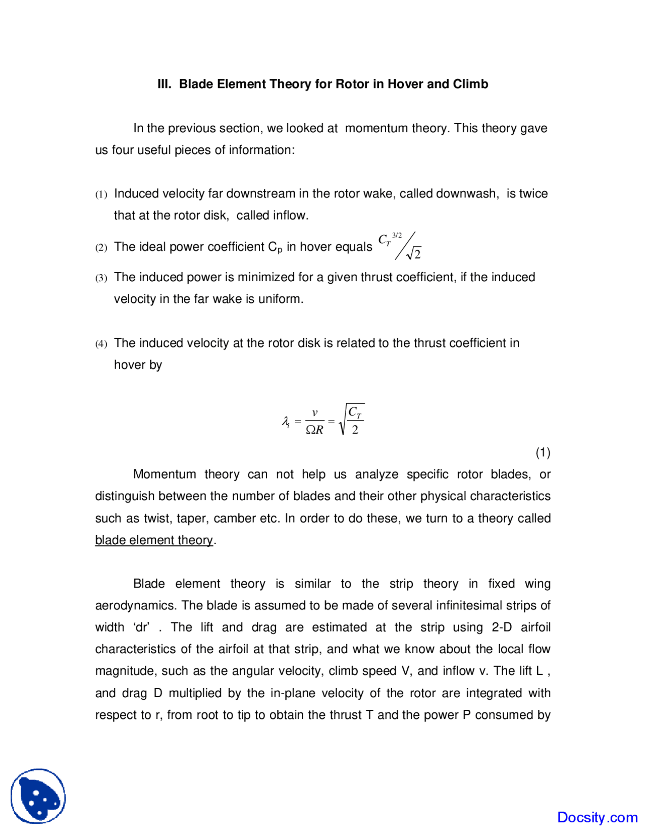 Blade Element Theory - Rotorcraft Aerodynamics - Lecture Notes - Docsity