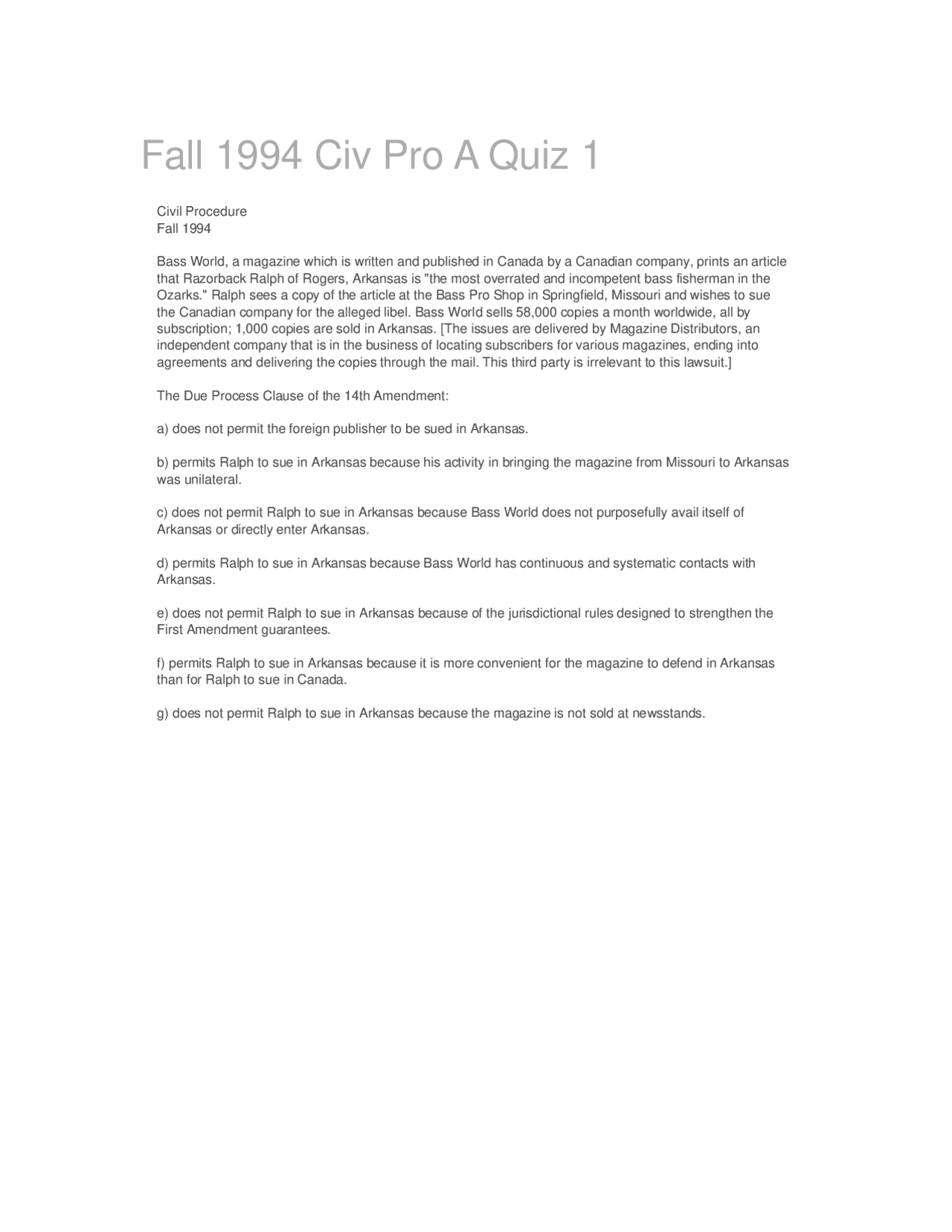 Due Process Clause Civil Procedure Quiz Exercises Civil Procedure