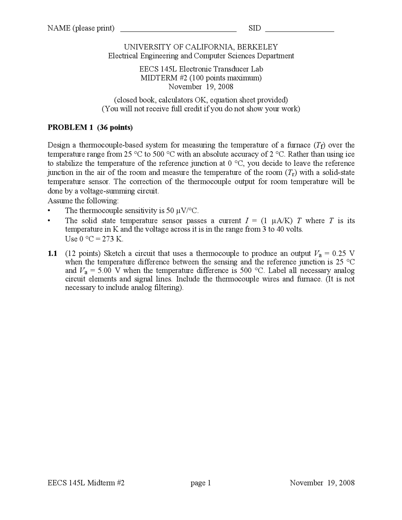 Thermocouple Based System Intro Electronic Transducer Lab Exam