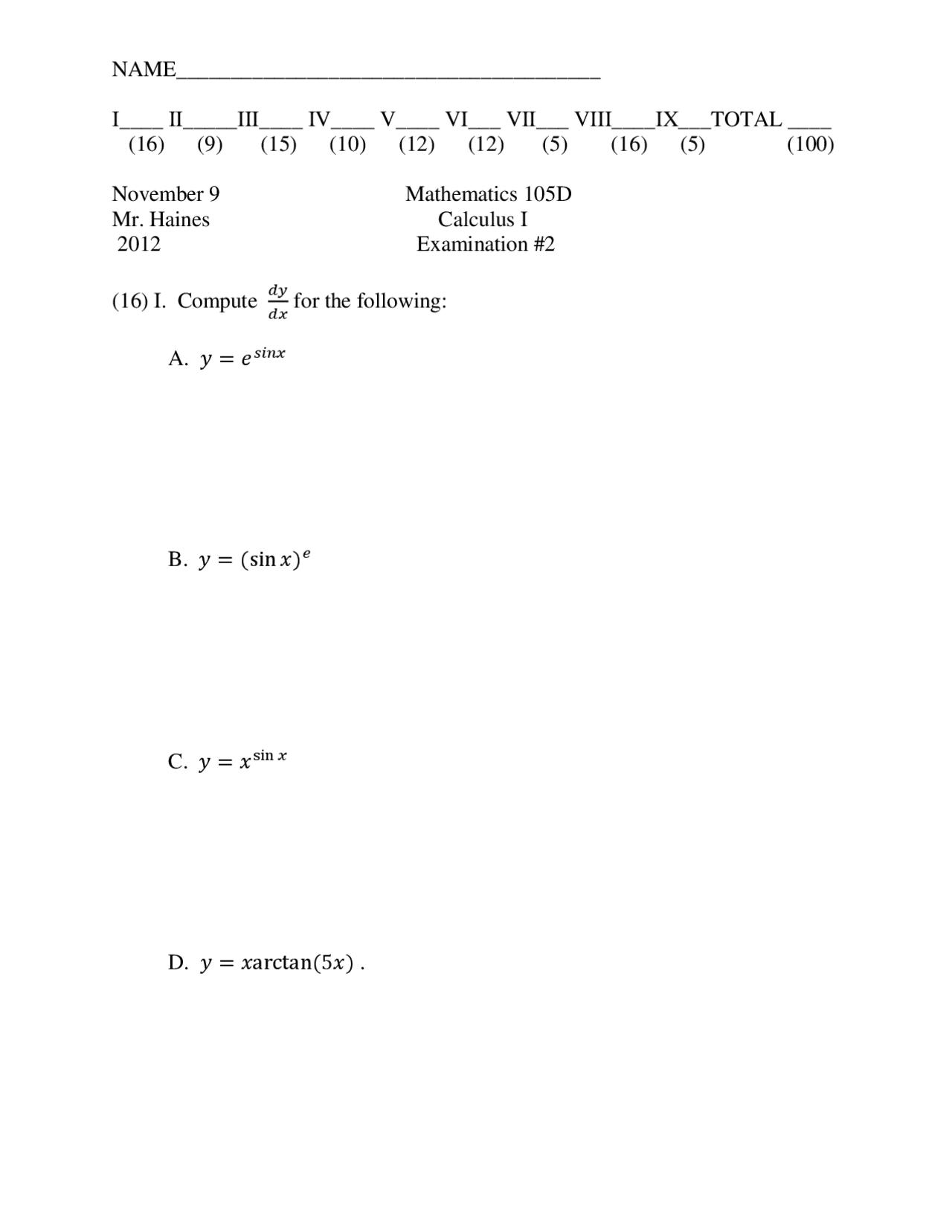 Calculus I Examination #2: Comprehensive Practice Problems | Exams Calculus | Docsity