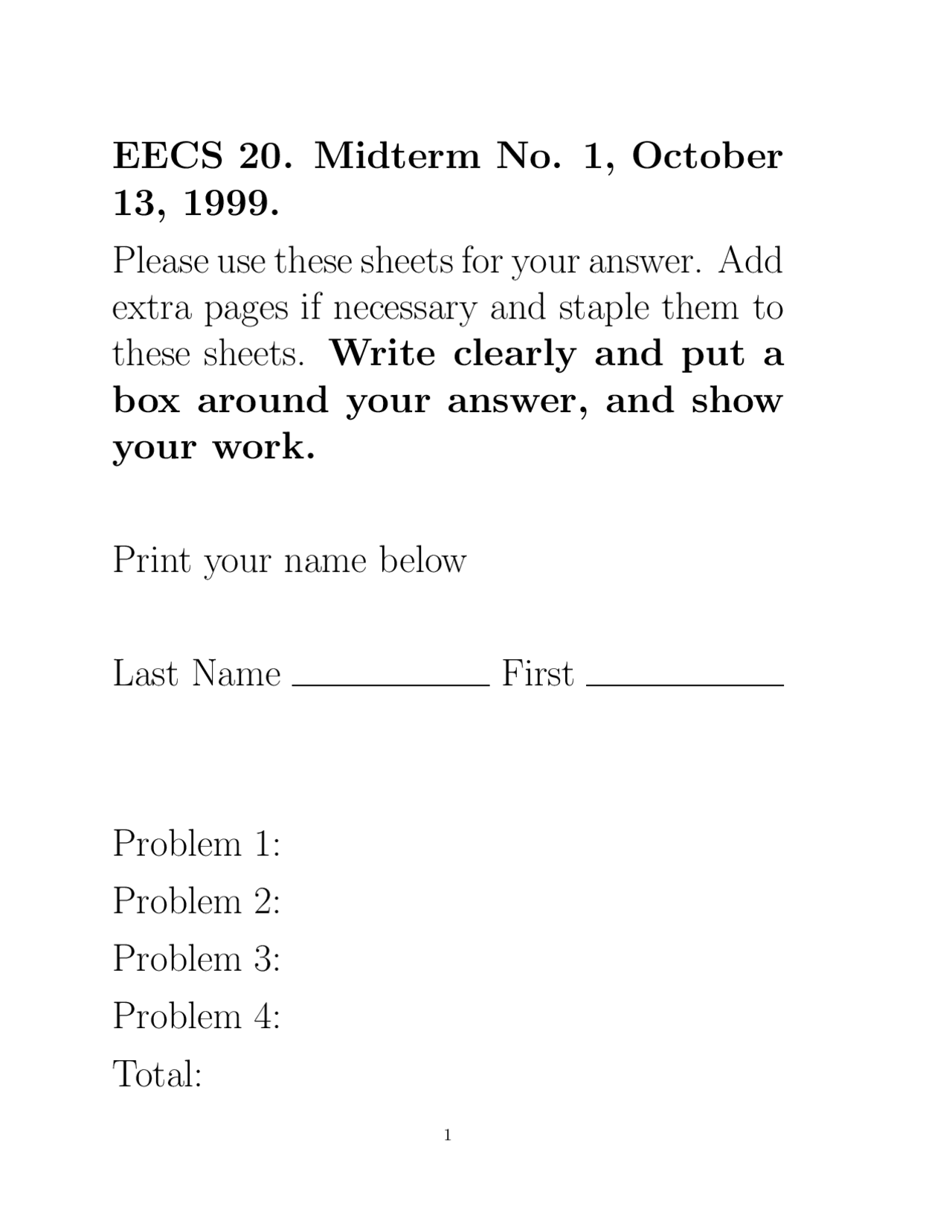 EECS 20 Midterm 1, October 13, 1999 | Exams Signals and Systems Theory | Docsity