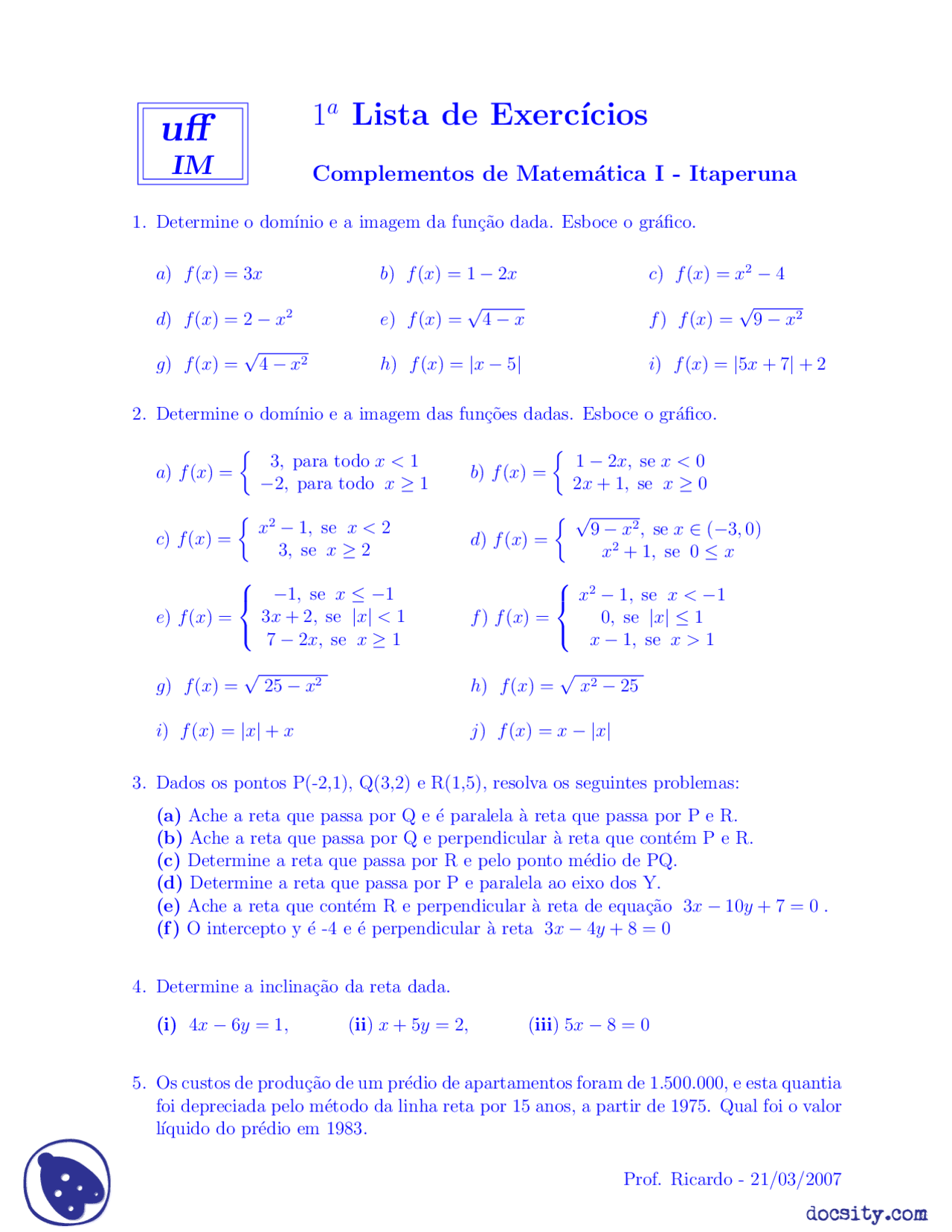 Lista 1 Exercícios Complementos De Matemática I Docsity