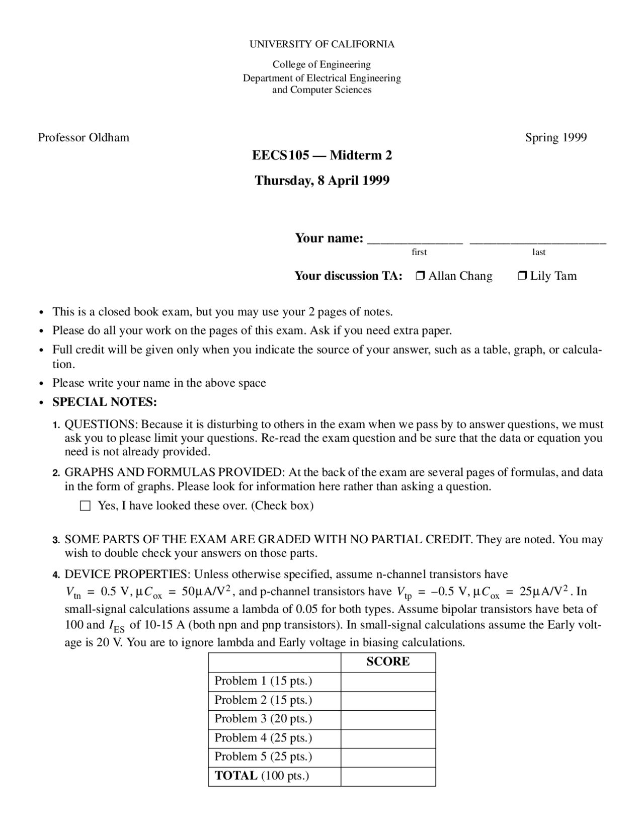 Specifications Microelectronic Devices And Circuits Exam Docsity