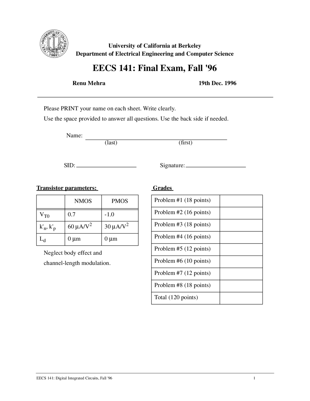 Transistor Parameters - Introduction to Digital Integrated Circuits - Exam - Docsity