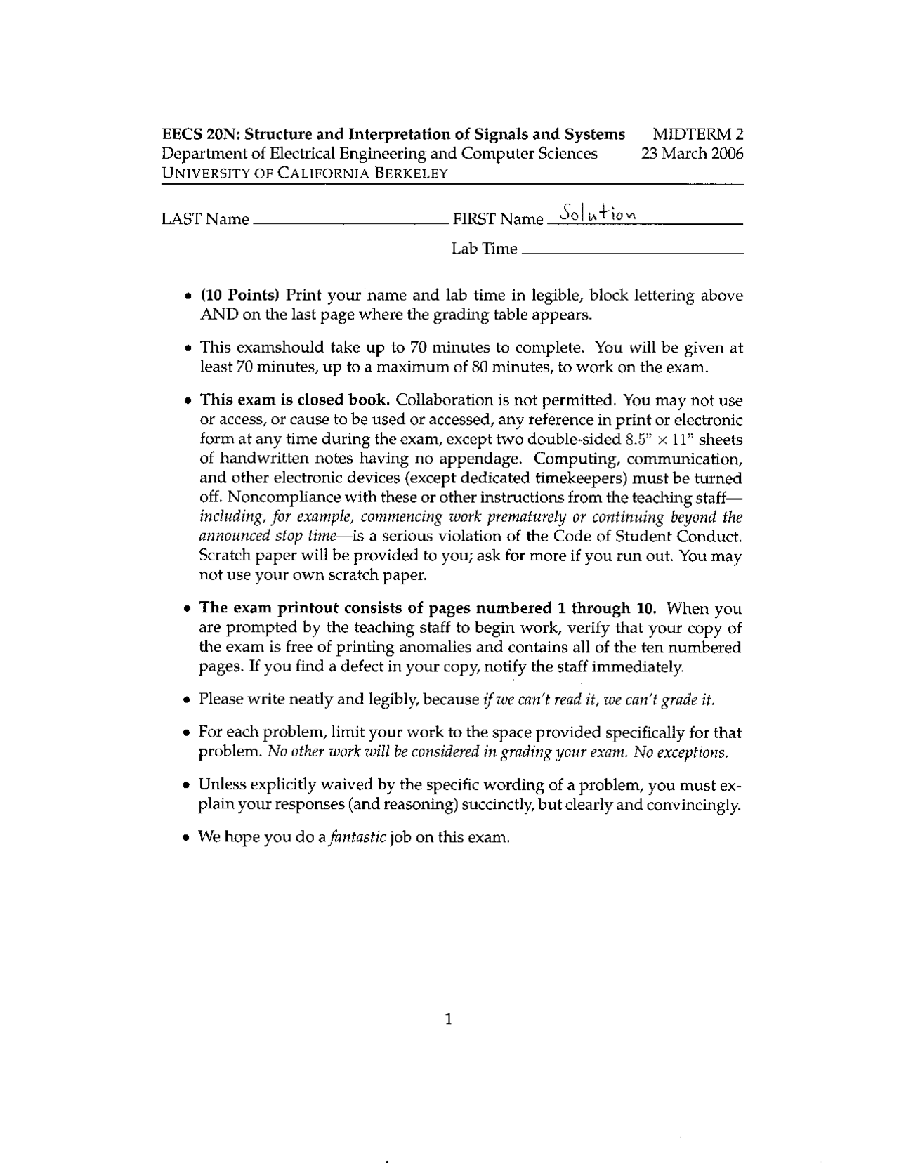 Linear Time Invariant - Structure and Interpretation of Systems and Signals - Solved Exam ...