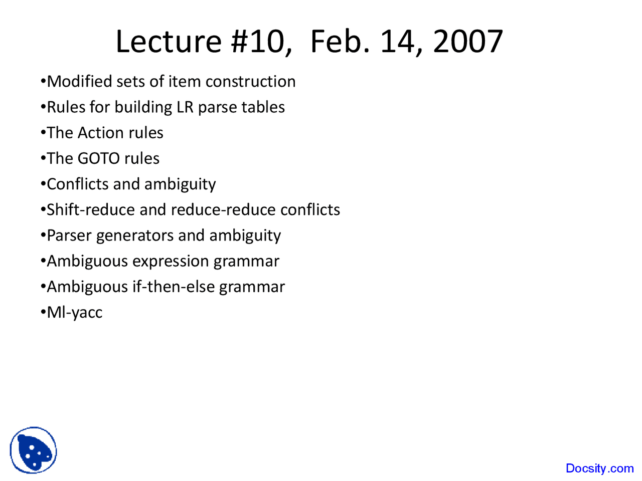 Modified Sets of Item Construction - Compiler Design - Lecture Slides - Docsity