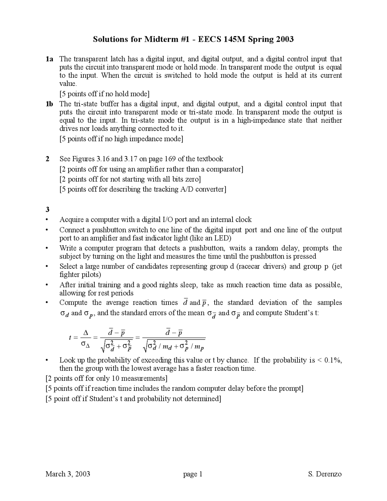 Midterm #1 Solutions for EECS 145M Spring 2003 | Exams Microcomputers | Docsity