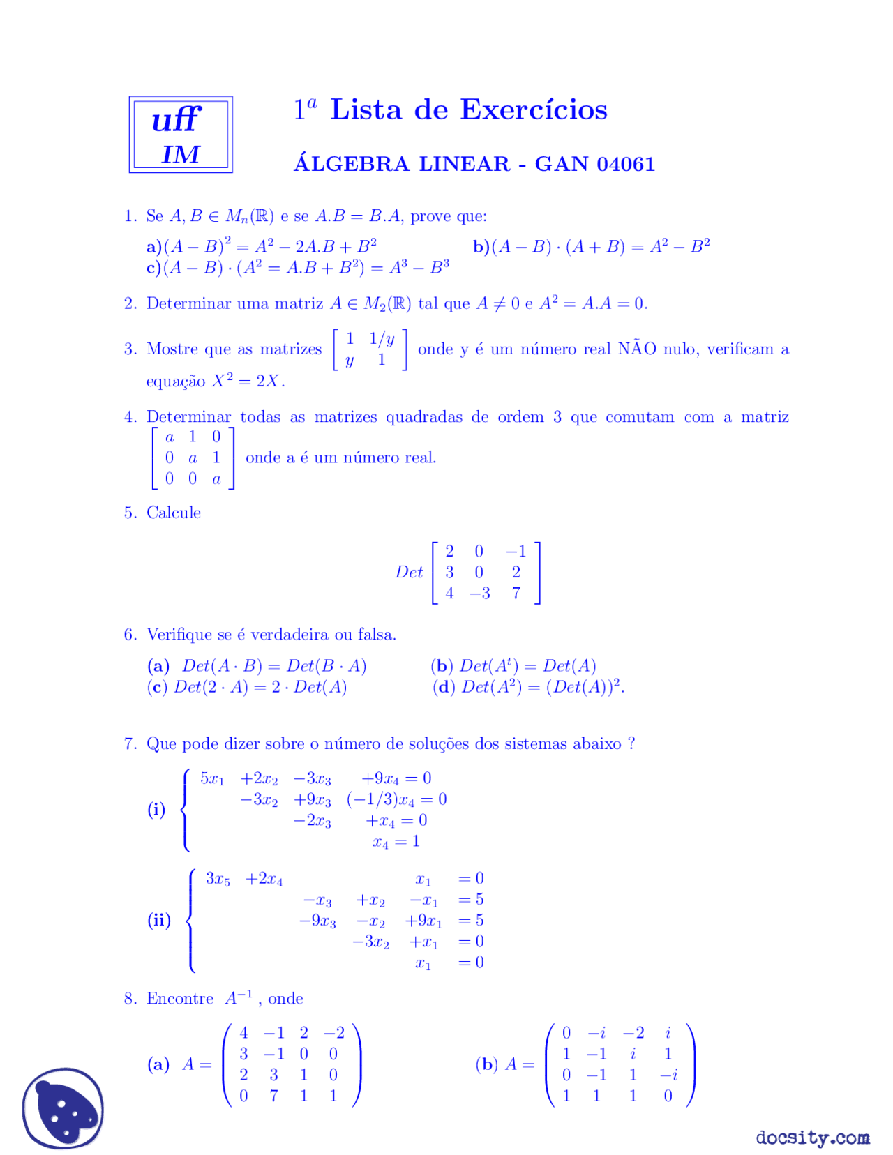 Lista 1 - Exercícios - Álgebra Linear Aplicada | Notas de estudo Geometria Analítica e Álgebra ...