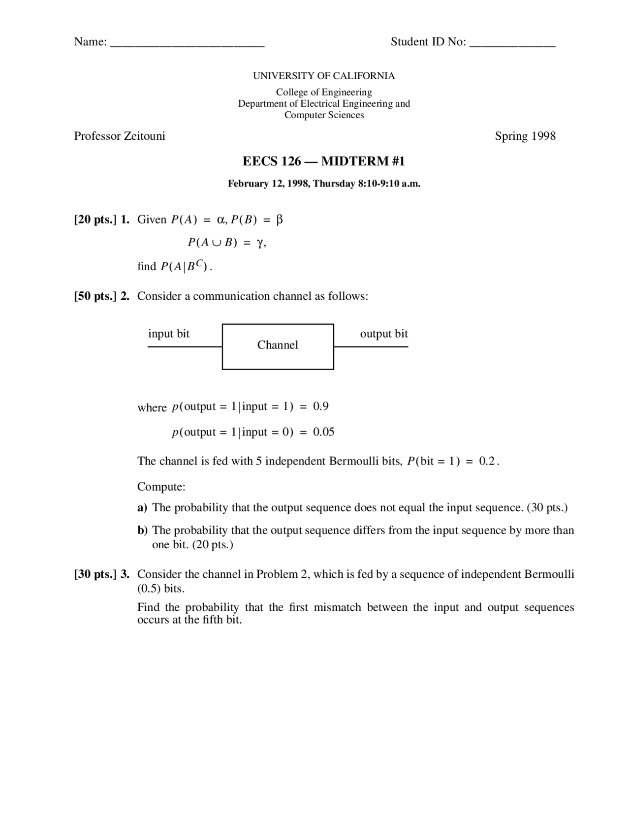 Communication - Probability and Random Processes - Exam - Docsity