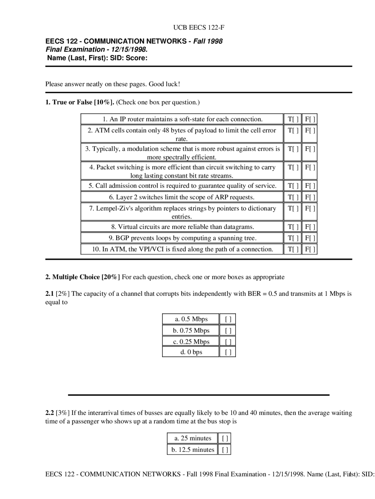 Capacity Introduction To Communication Networks Exam Docsity