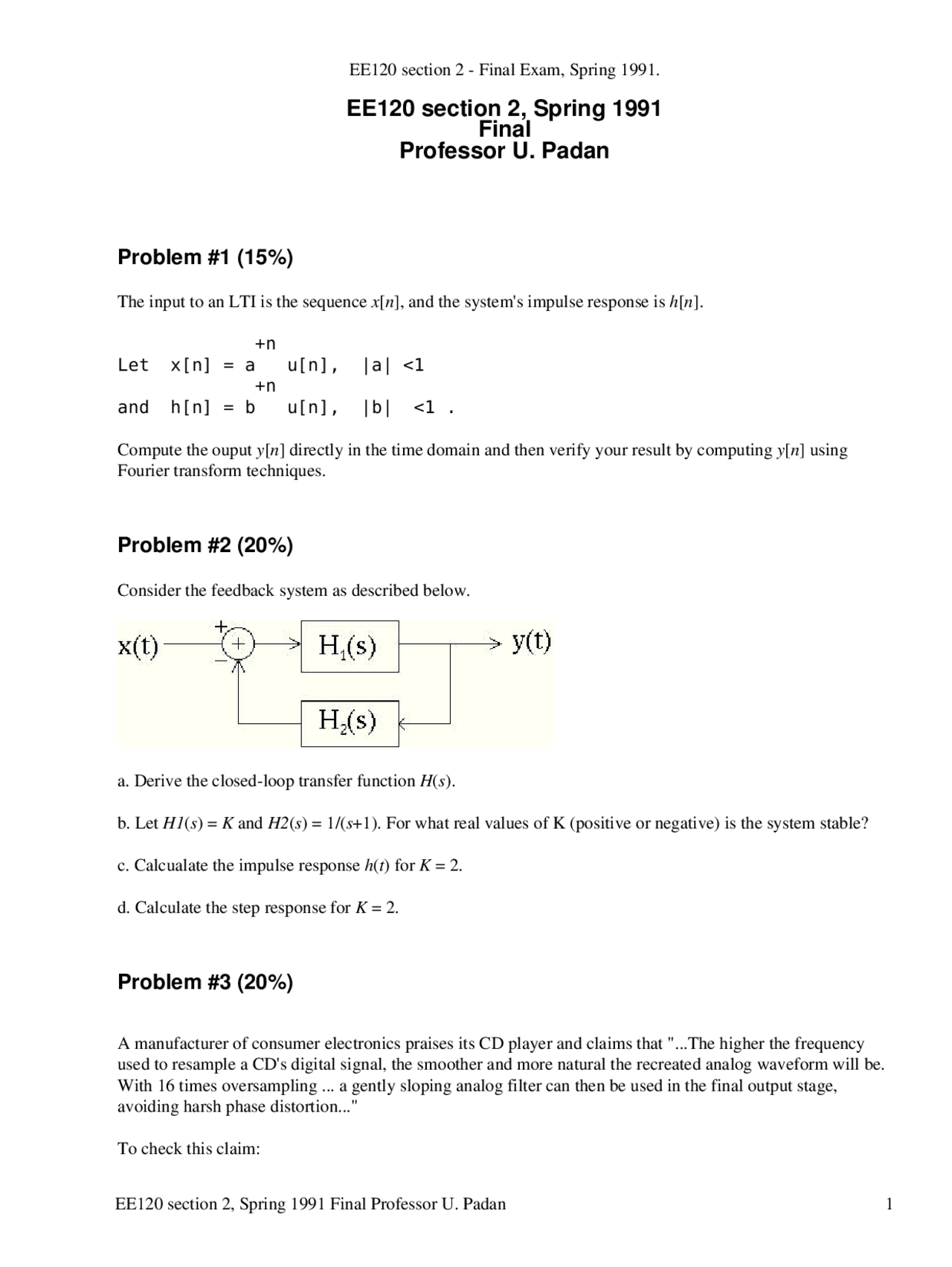Closed Loop Transfer - Signals and Systems - Exam - Docsity