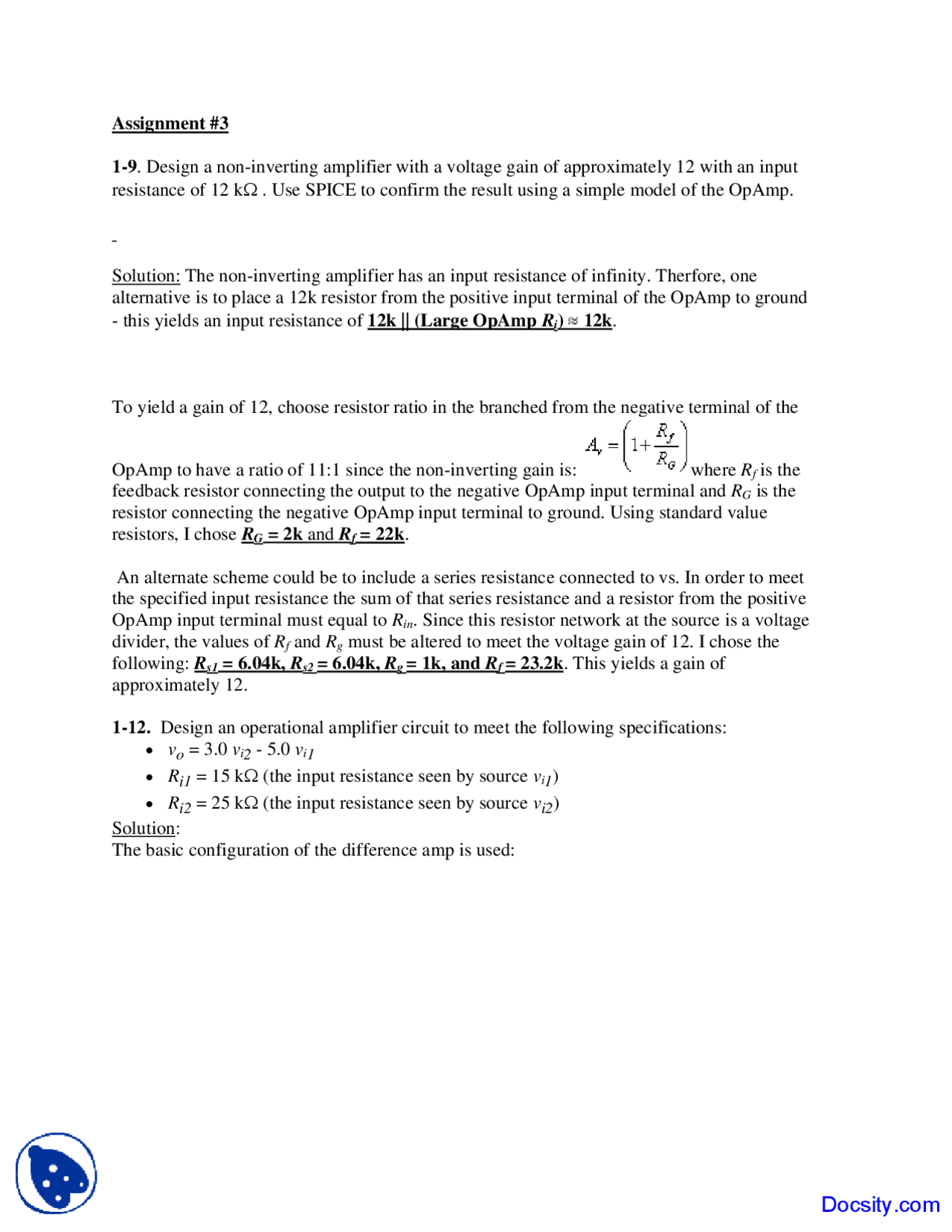 Non Inverting Amplifier Electronics Solved Assignment Docsity