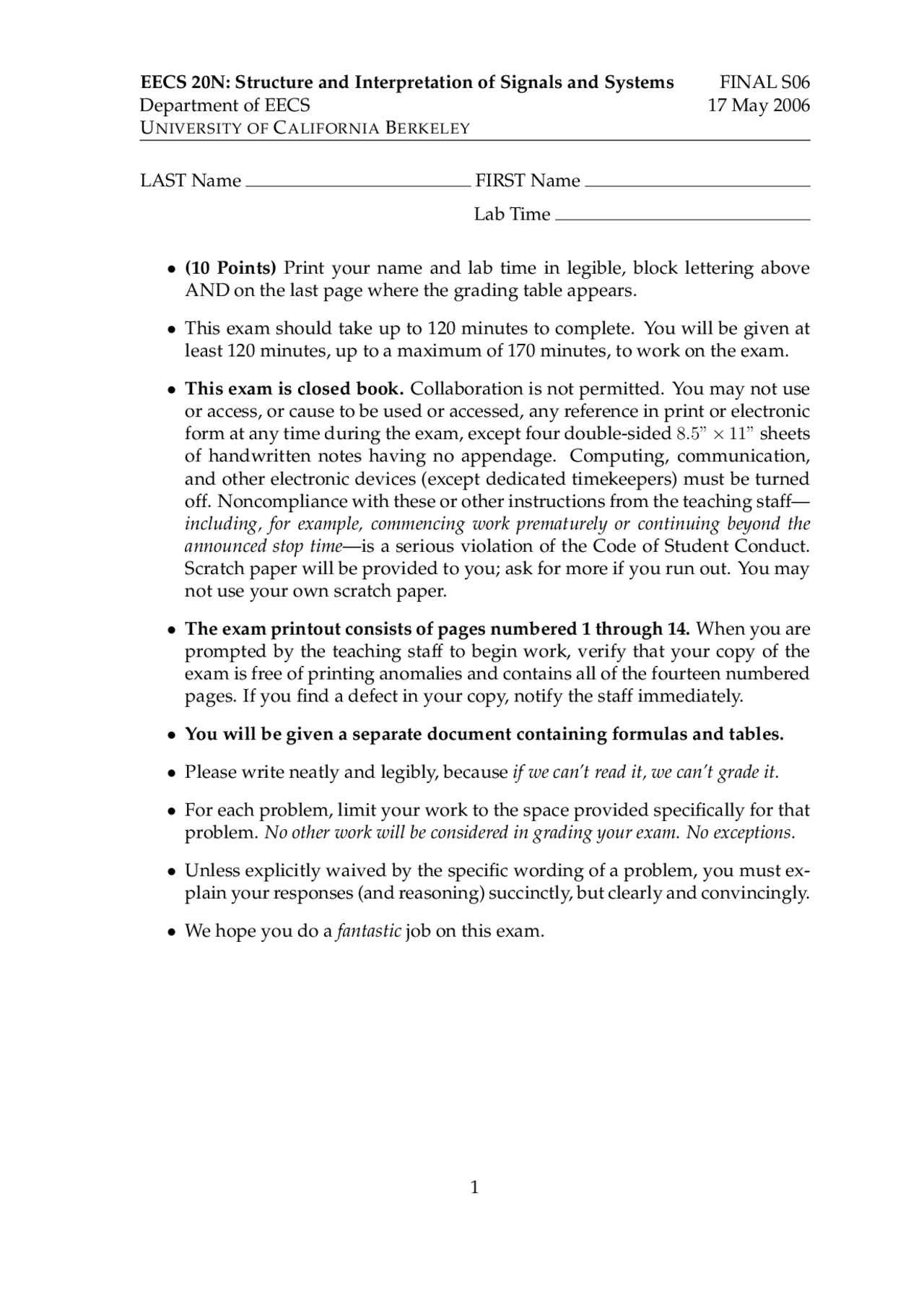 Feedback - Structure and Interpretation of Systems and Signals - Exam - Docsity