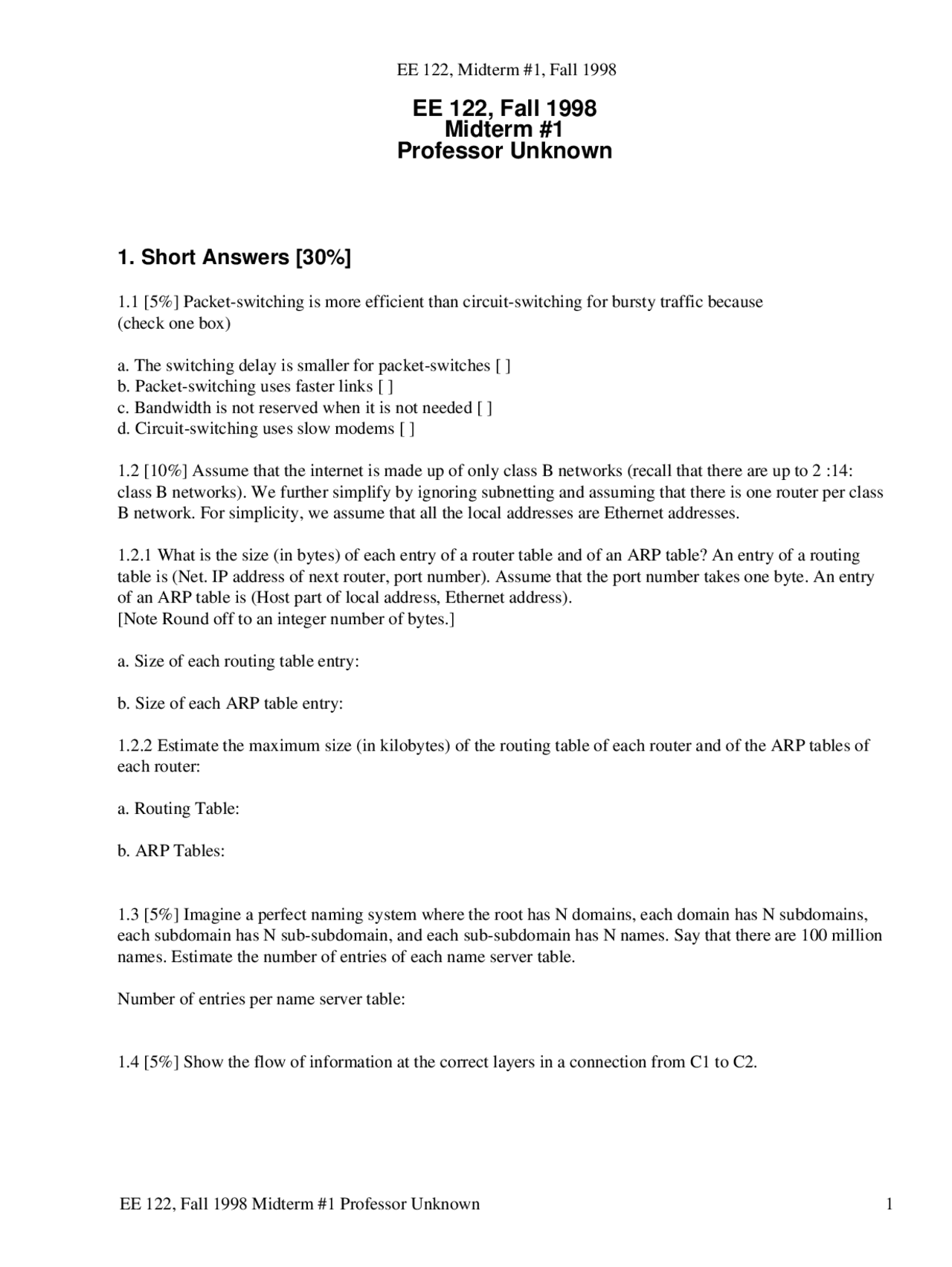 Ee 122 Fall 1998 Midterm 1 Networking Concepts Exams Data Communication Systems And