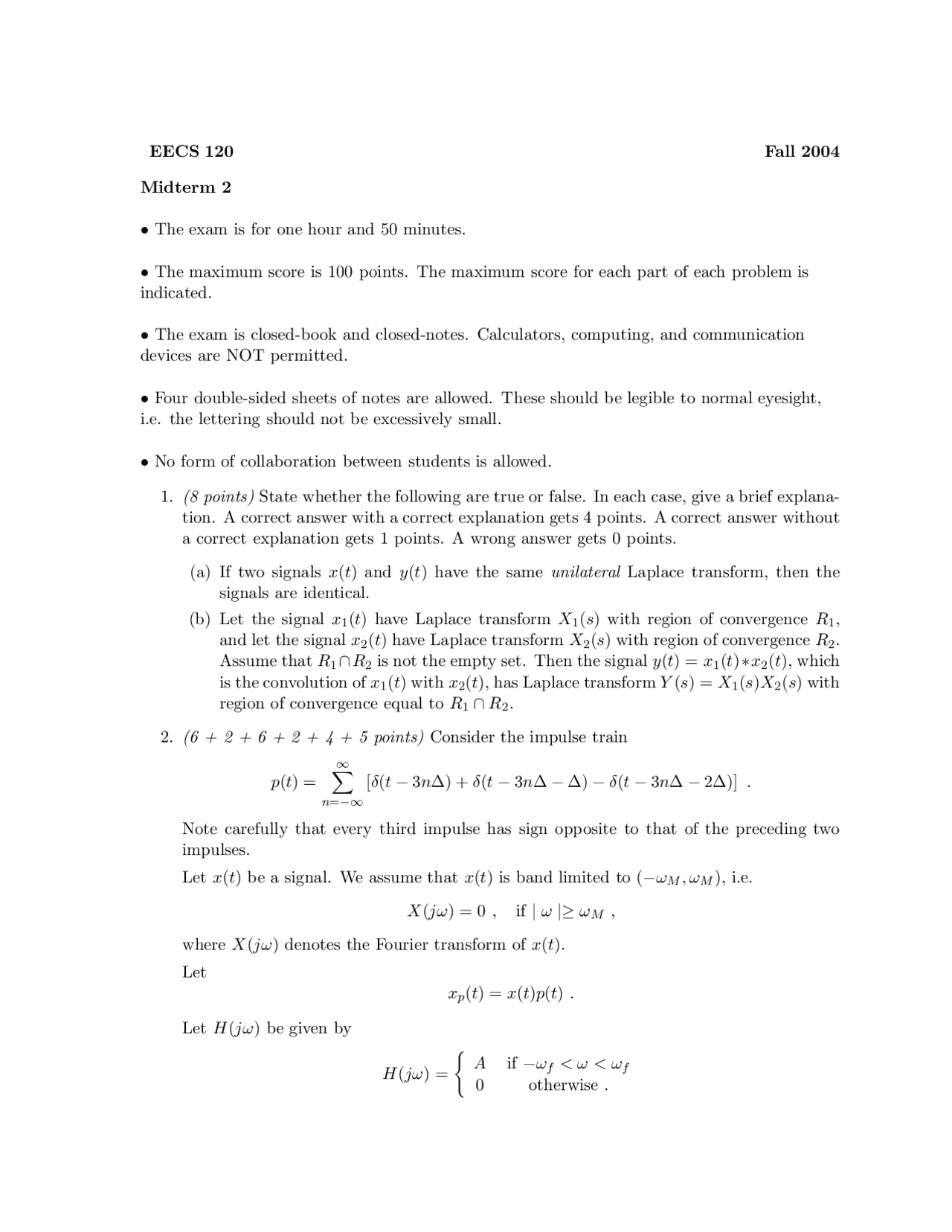 Laplace Transform Signals And Systems Exam Exams Signals And