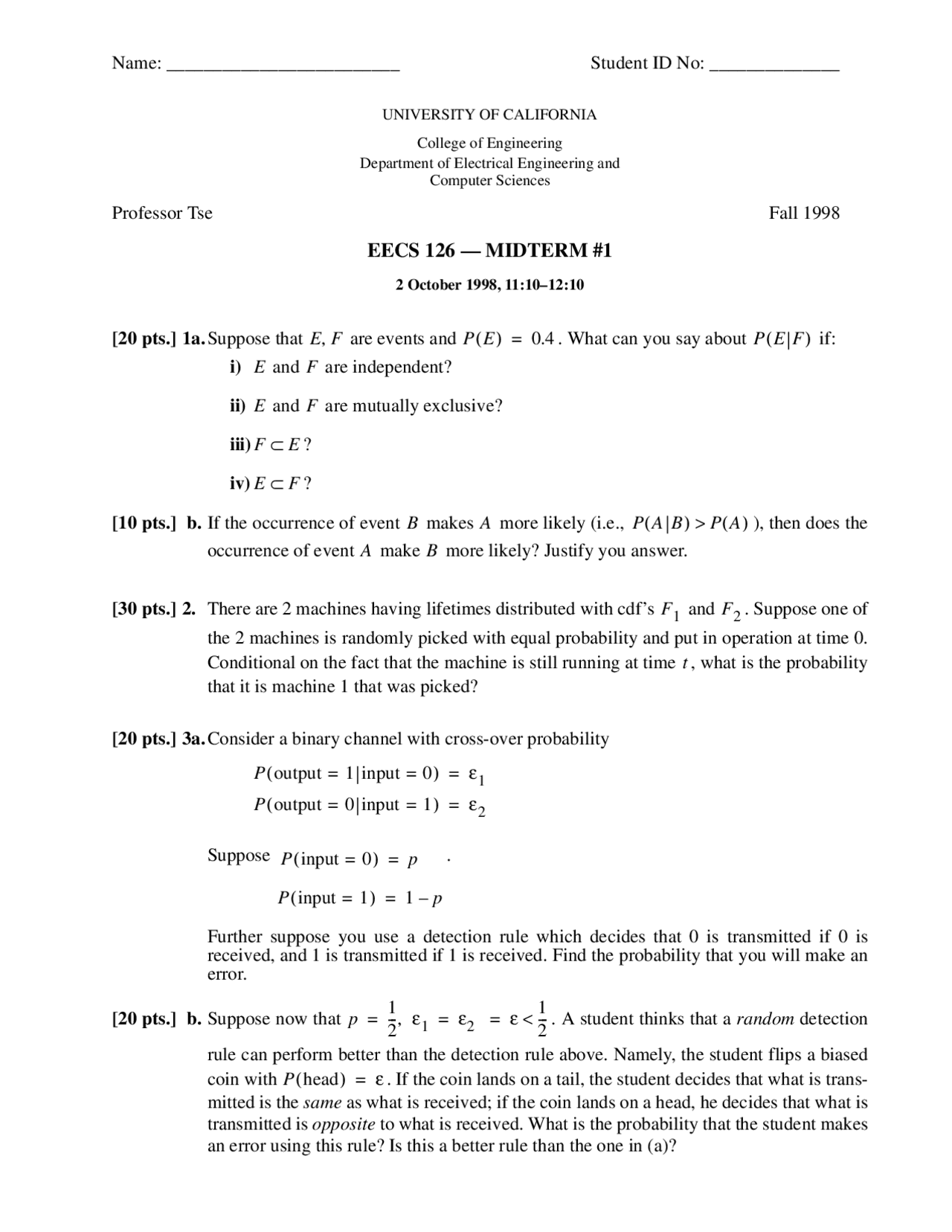 Mutually Exclusive - Probability and Random Processes - Exam - Docsity