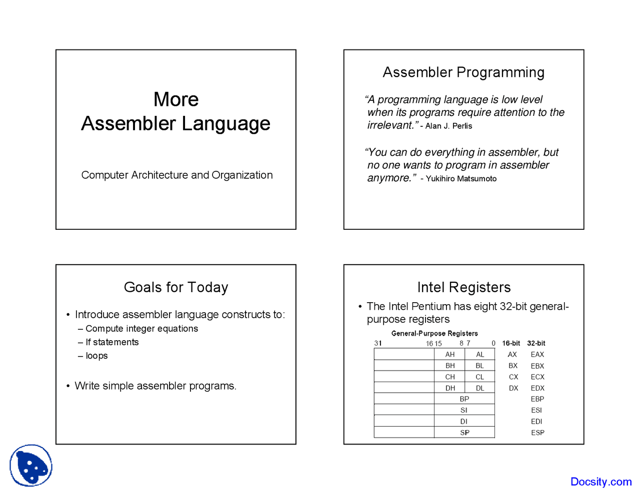 Assembler Language One Introduction To Computer Architecture Lecture Slides Docsity