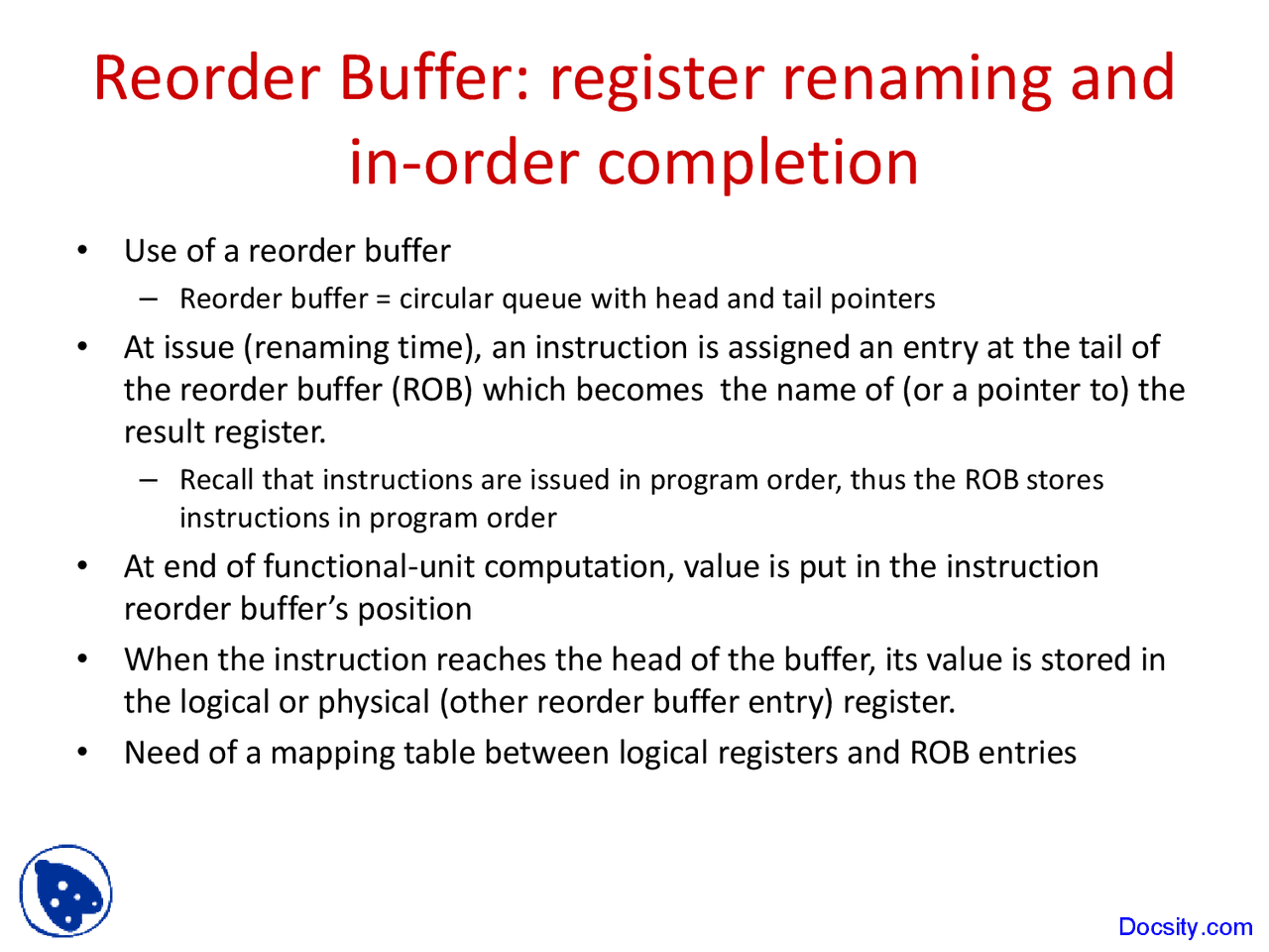 Reorder Buffer - Computer Design and Organisation - Lecture Slides - Docsity