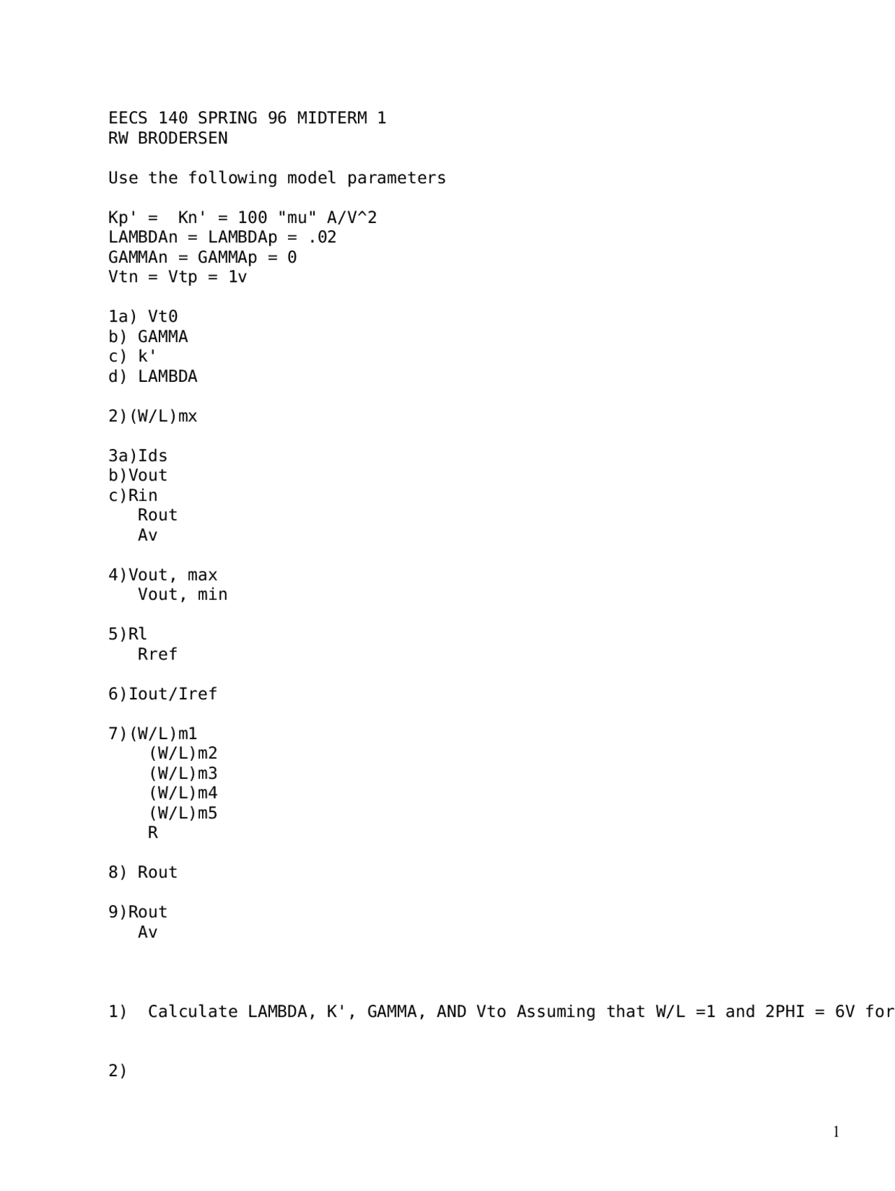 Model Parameters Linear Integrated Circuits Exam Docsity