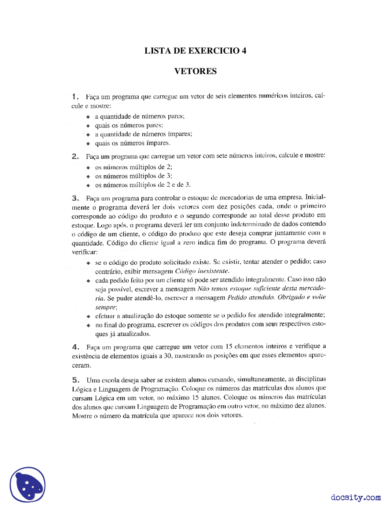 Vetores Exercícios Introdução A Informática Docsity