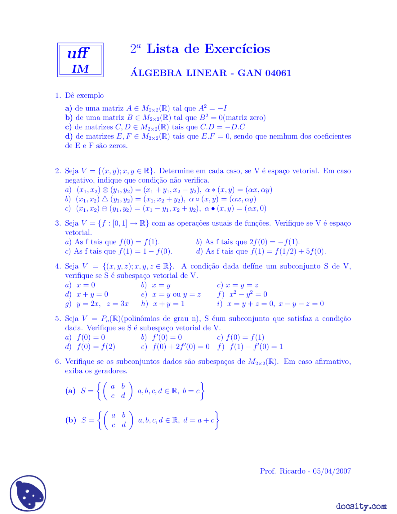 Lista 2 Exercícios Álgebra Linear Aplicada Docsity